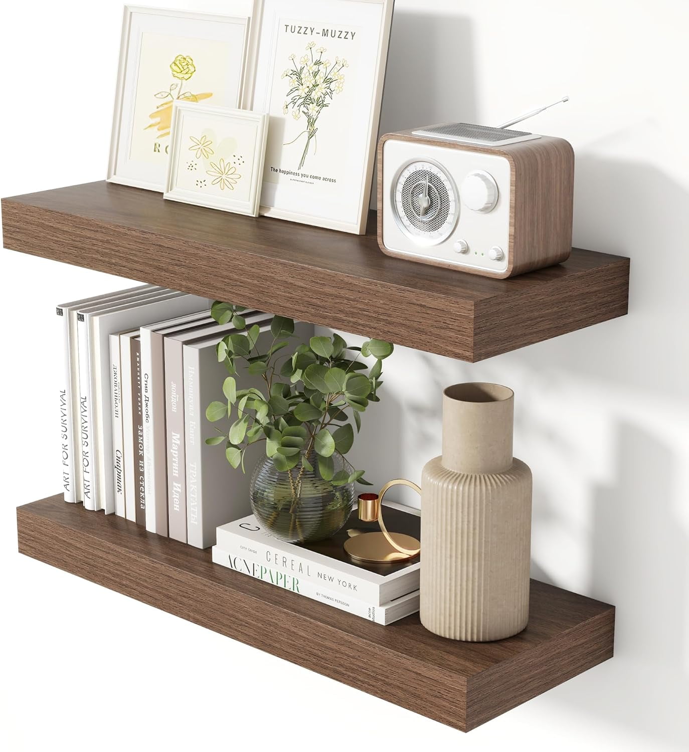 24 Inch Floating Shelves for Wall Walnut Shelves Set of 2,Wall Mounted ...
