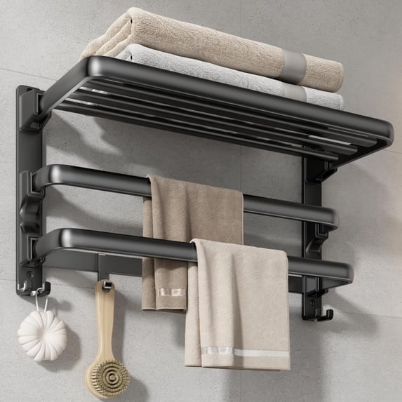 24-Inch Foldable Towel Rack with 2 Bars and 7 Hooks, Wall-Mounted ...