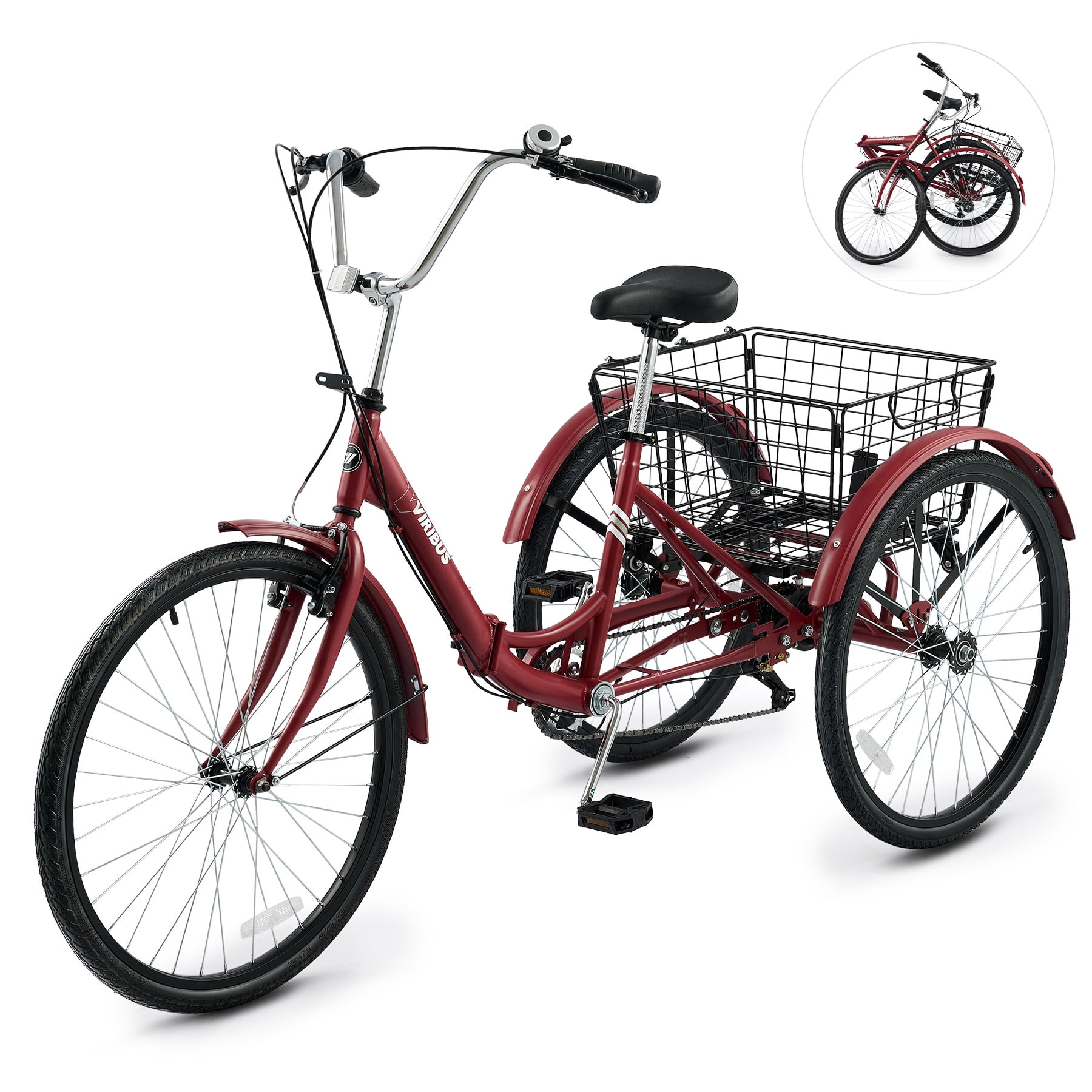Walmart 24 Inch Folding Adult Tricycle, 7 Speed Three Wheel Bike with ...