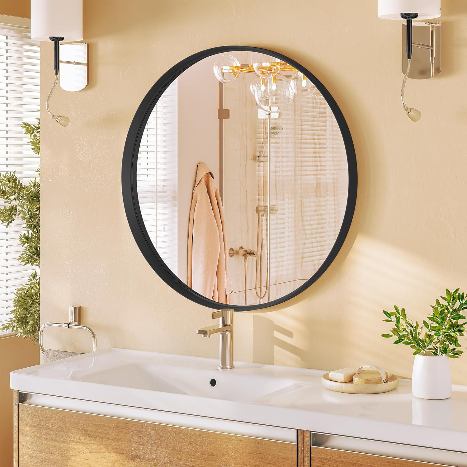 24 Inch Gold Round Bathroom Mirror w/Gorgeous Deep Frame,Tempered Glass ...