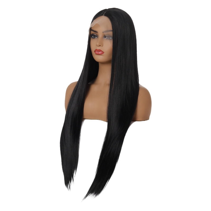 24-Inch Hand-Woven T-Shaped Lace Wigs for Women - Long Straight Black ...