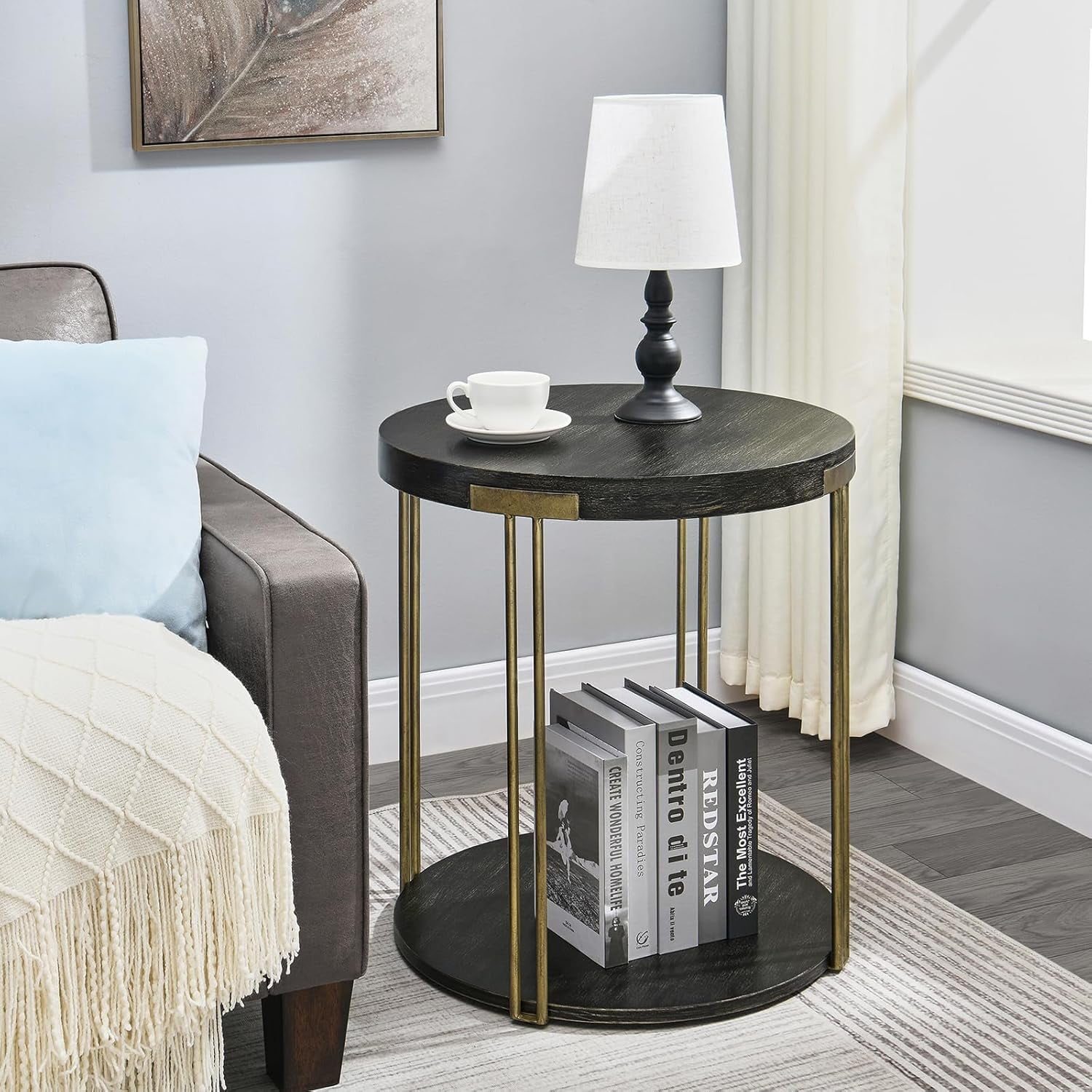 24 Inch High Round Side Table, Modern Industrial Circle Sofa End Table ...
