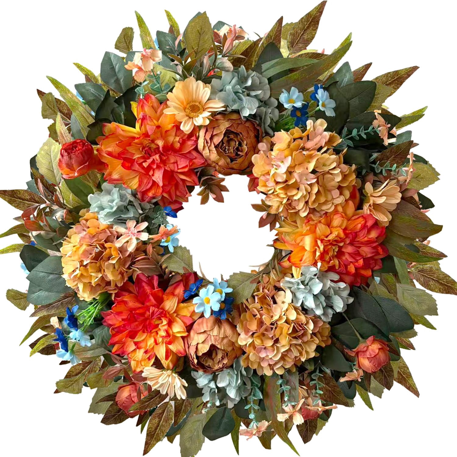 24 Inch Hydrangea Peony Dahlia Wreath 05-orange Indoor Outdoor Seasonal ...