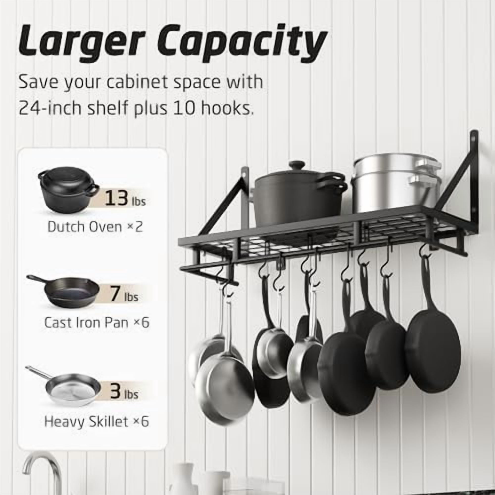 24 Inch Kitchen Pot Pan Rack Wall Mounted Hanging Storage Organizer ...