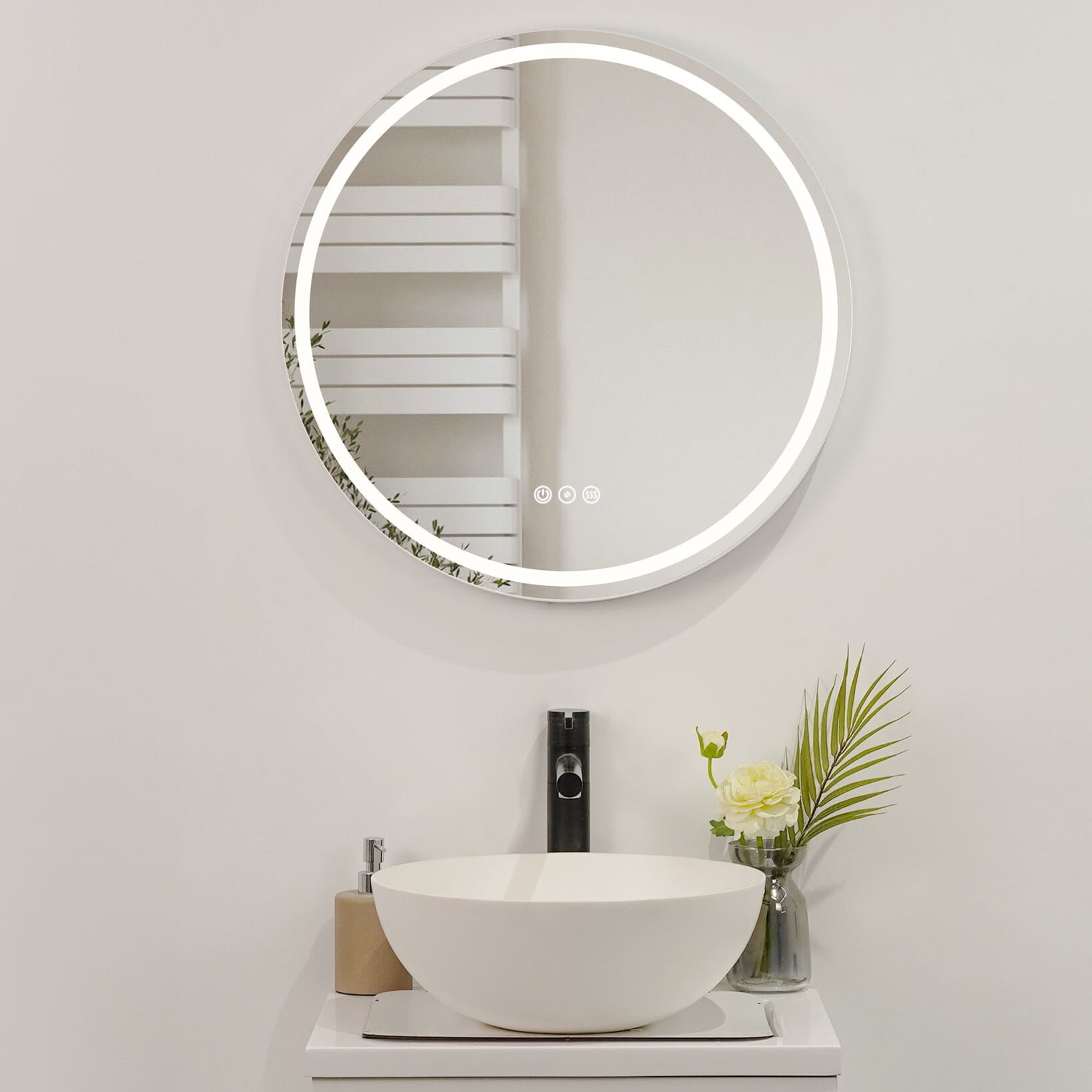 24-Inch LED Bathroom Mirror, Round Vanity Mirror with Sleek White Frame ...