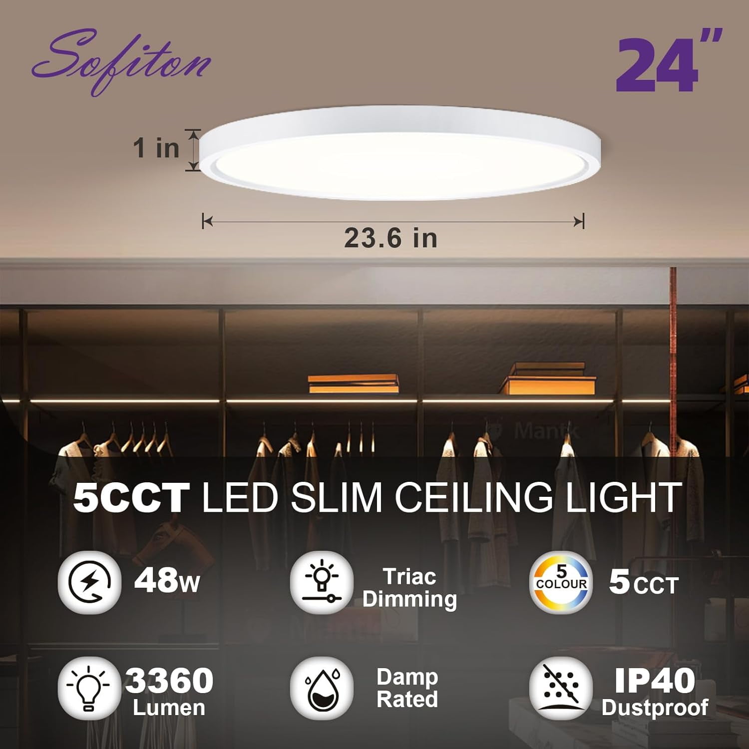 24 Inch LED Flush Mount Ceiling Light, 3360LM, 48W 5 CCT Adjustable ...