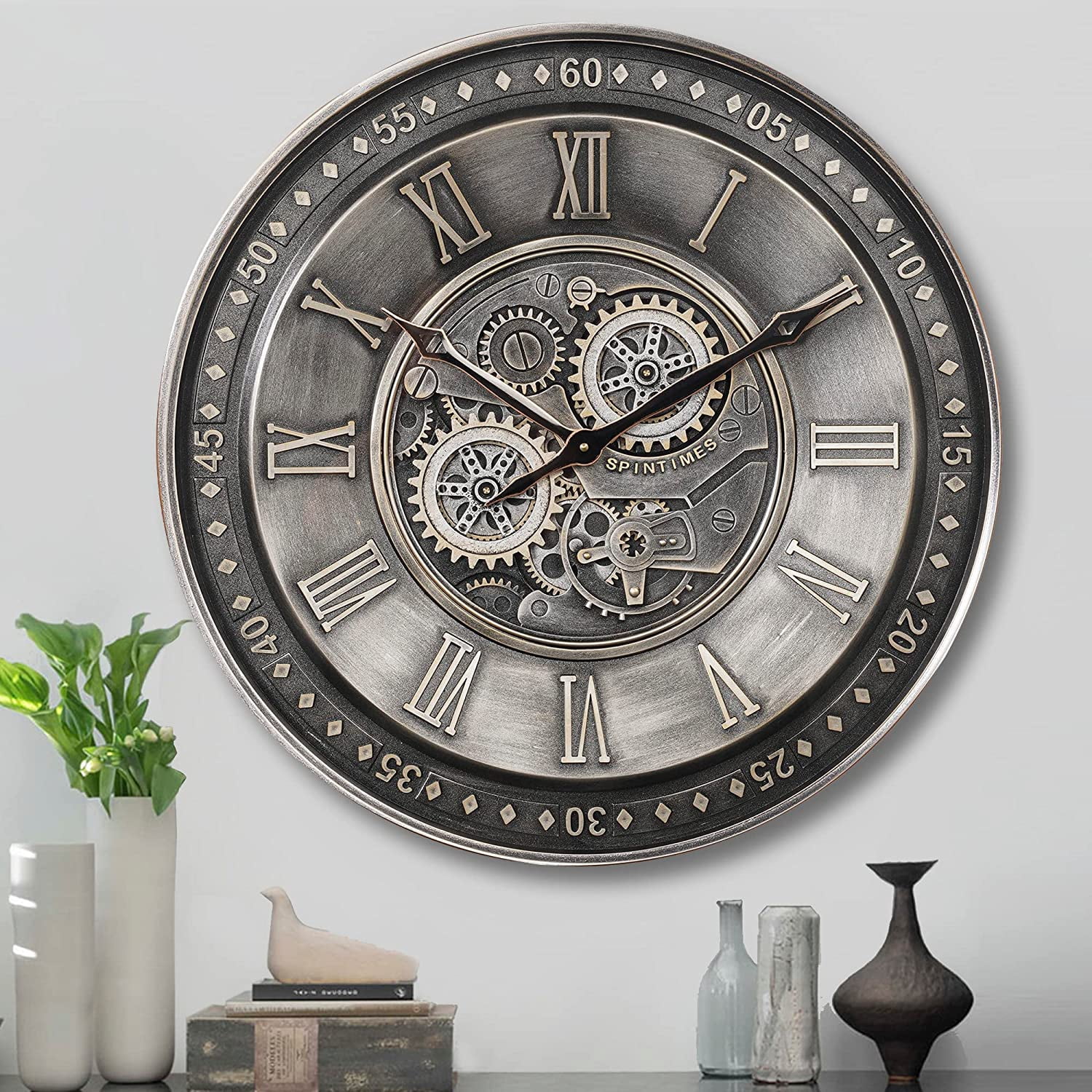 24 Inch Large Moving Gear Wall Clock for Living Room Decor,Silver Metal ...