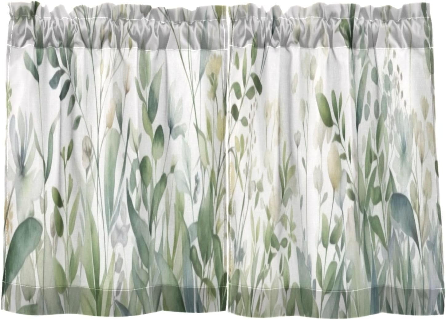 24 Inch Length Kitchen Curtains Green Leaves 2 Panels Half Window Sheer ...