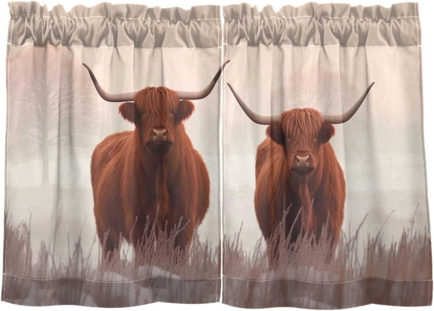 24 Inch Length Kitchen Curtains Highland Cows 2 Panels Half Window ...