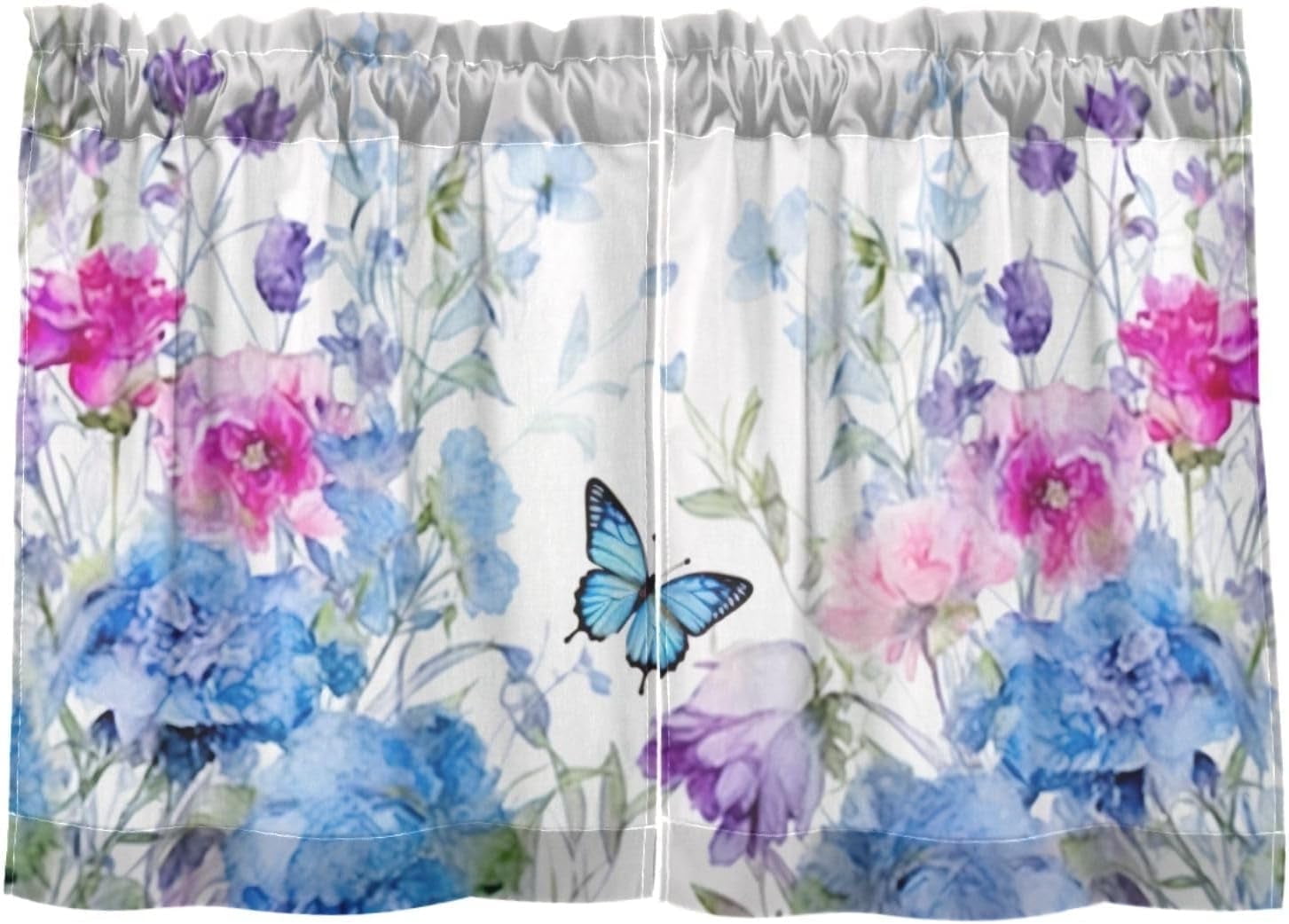 24 Inch Length Kitchen Curtains Watercolor Flowers Butterflies 2 Panels ...