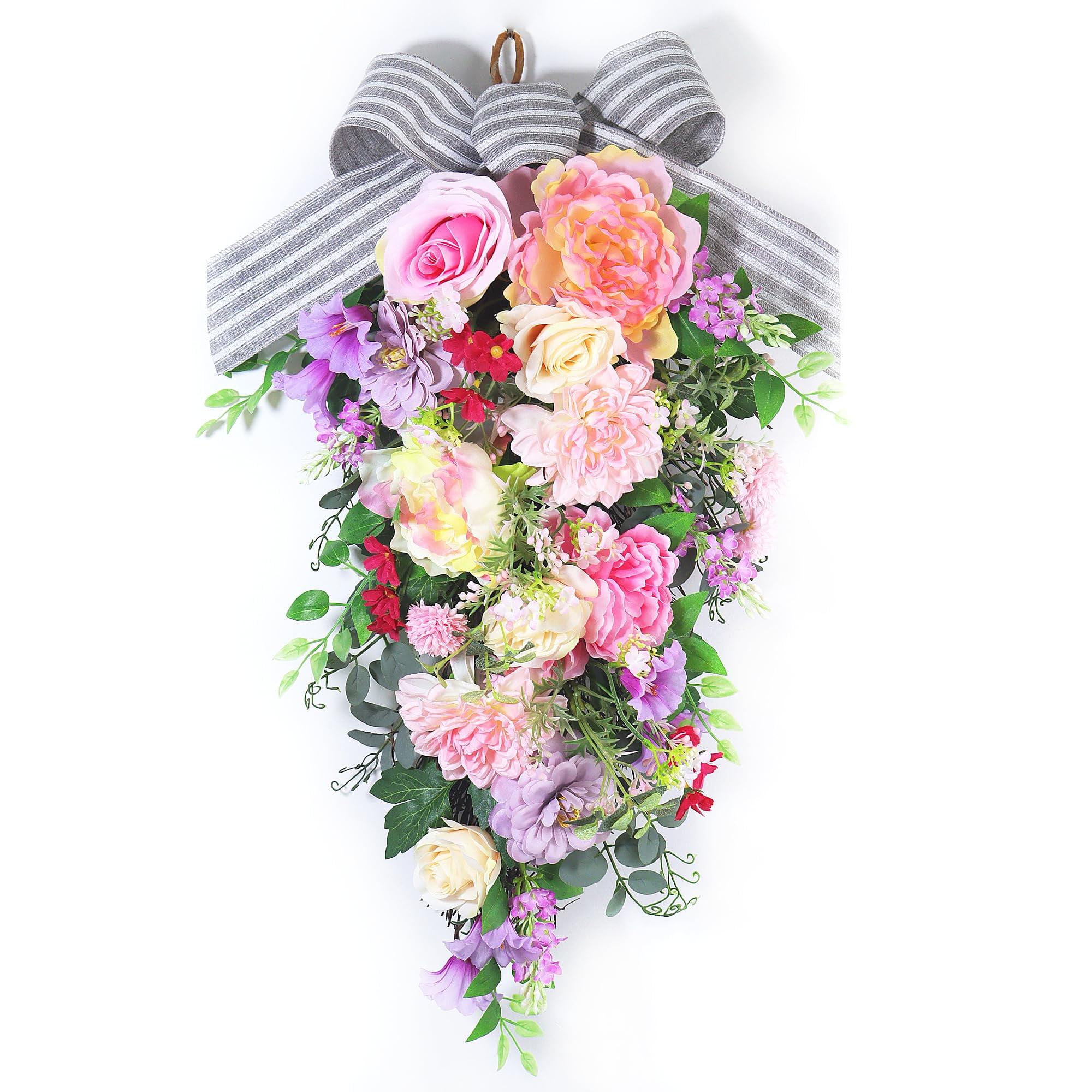 24-Inch Lighted Spring Peony Swag - Artificial Teardrop Wreath for ...