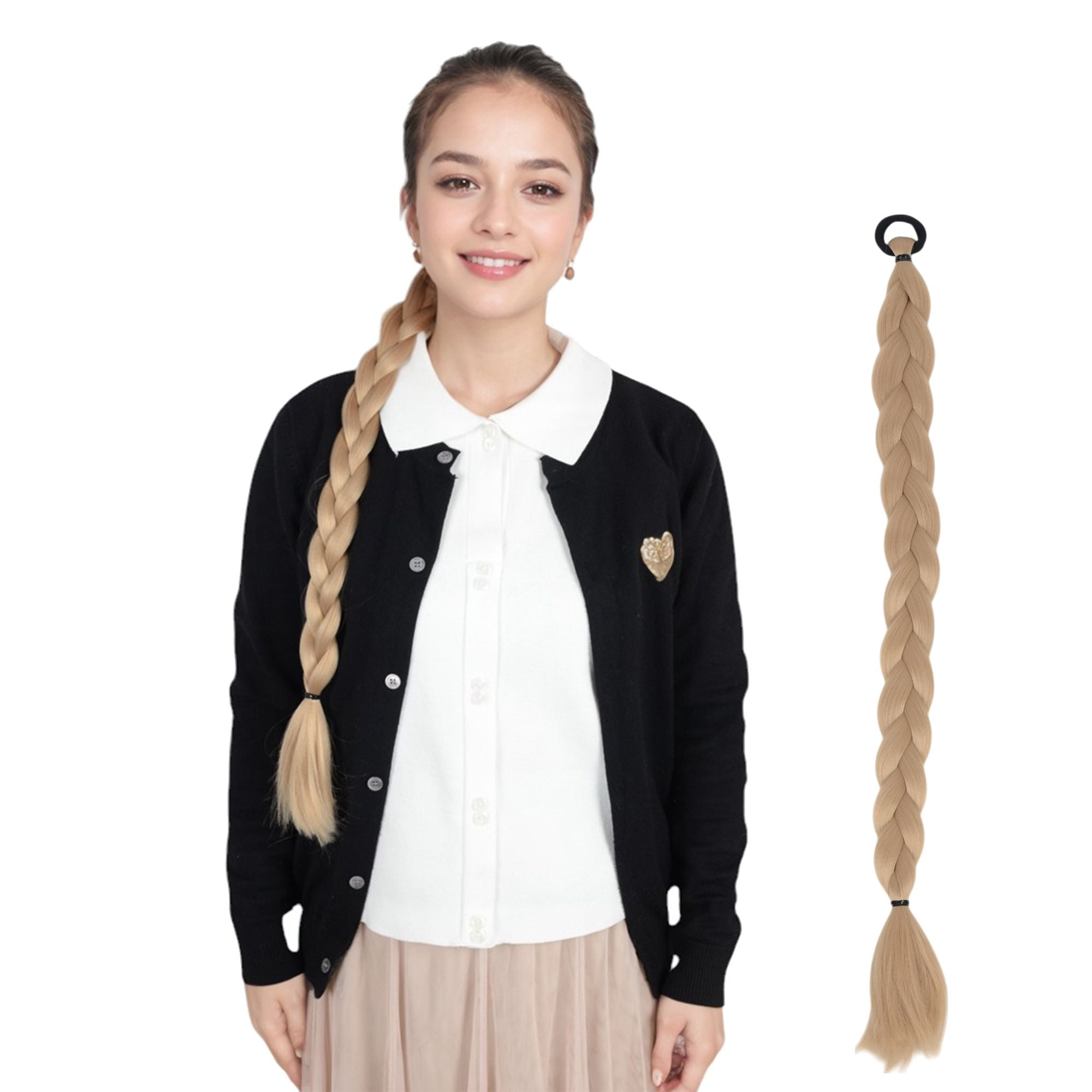24 Inch Long Braided Ponytail Hair Extension with Elastic Band Natural ...