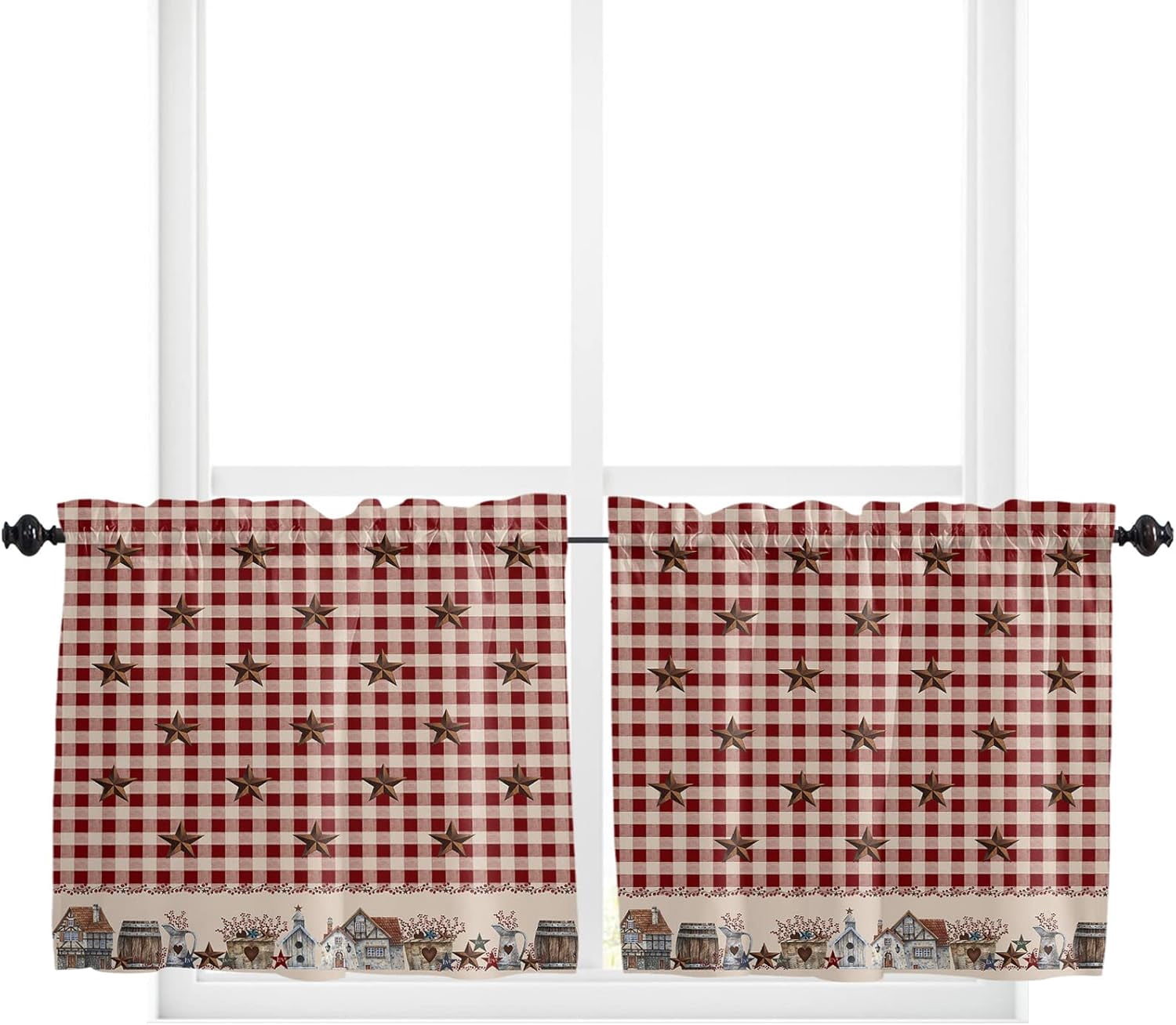 24 Inch Long Tier Curtains for Kitchen, American Country Star Retro Red ...
