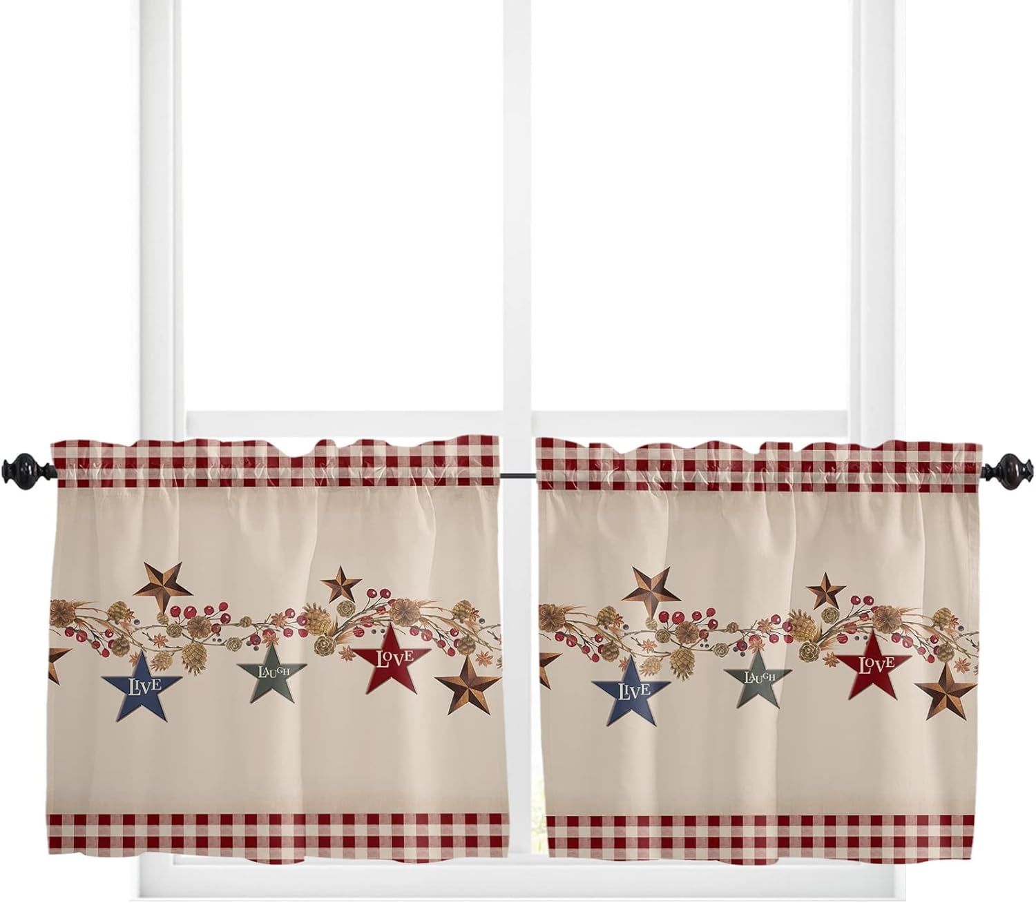 24 Inch Long Tier Curtains for Kitchen, Country Star Berries Red ...