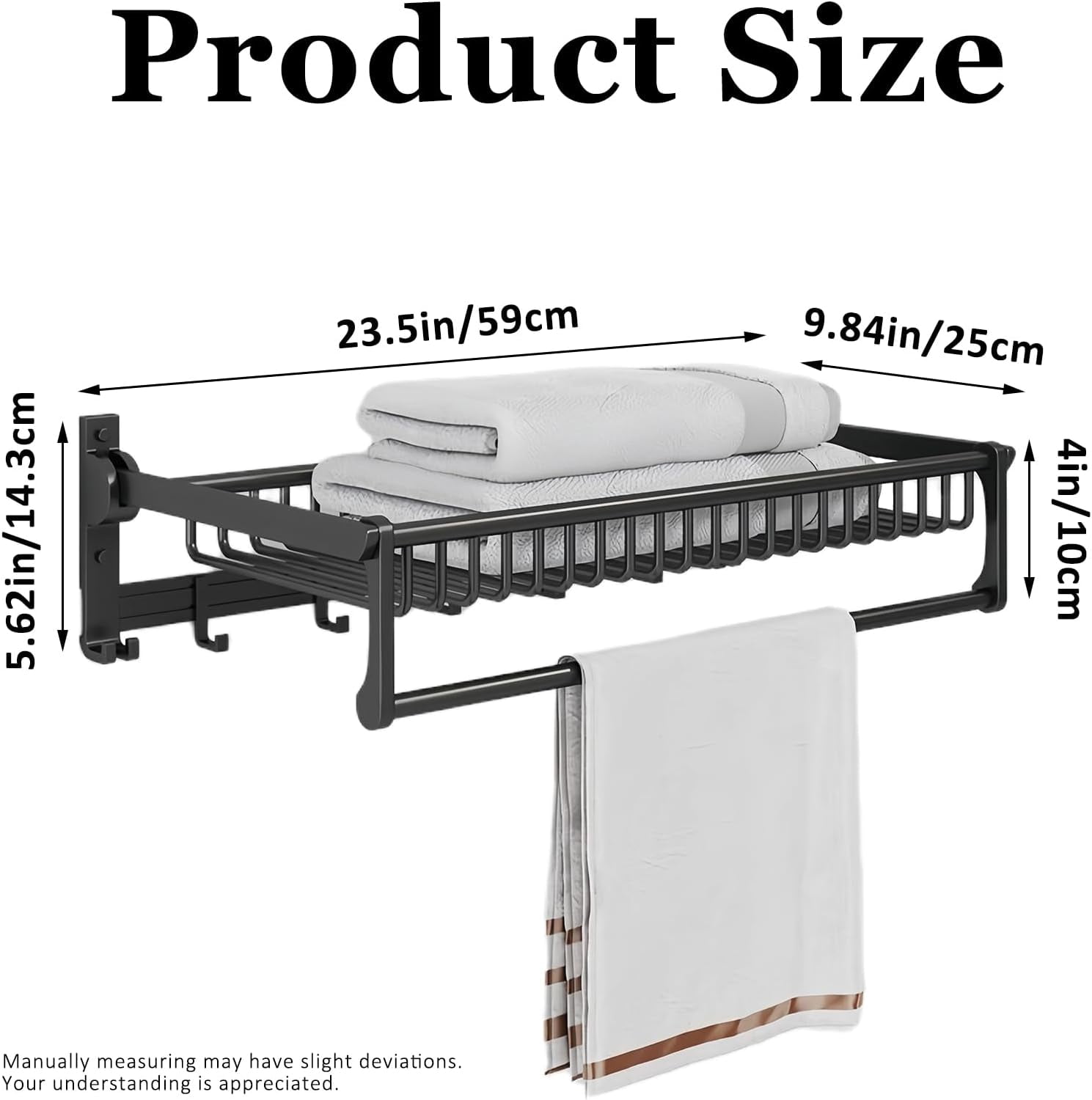 24-Inch Matte Black Towel Rack with Basket and Hooks, Foldable Wall ...