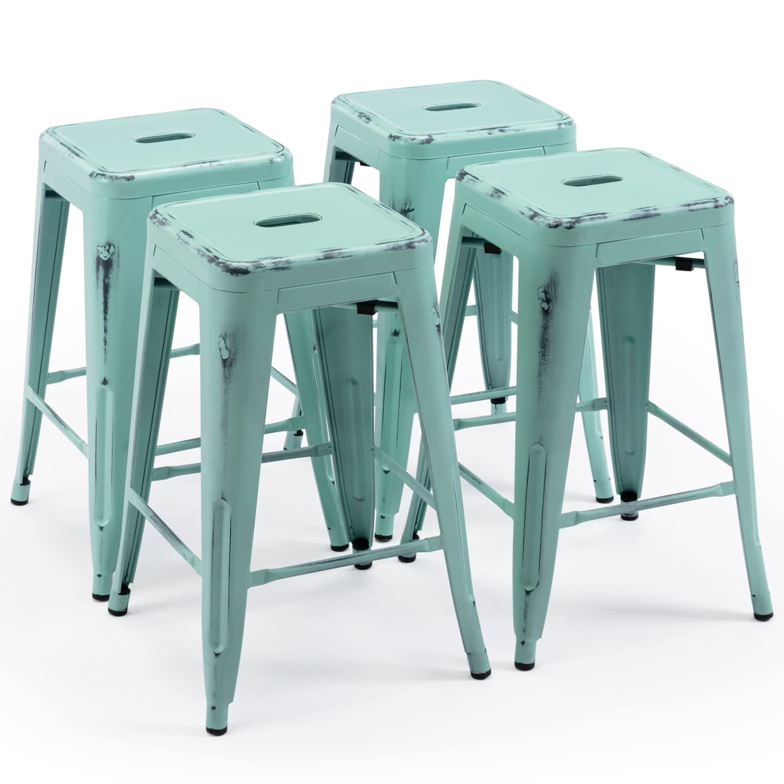 24 Inch Metal Bar Stools Set of 4, Stackable Backless Industrial Stools ...