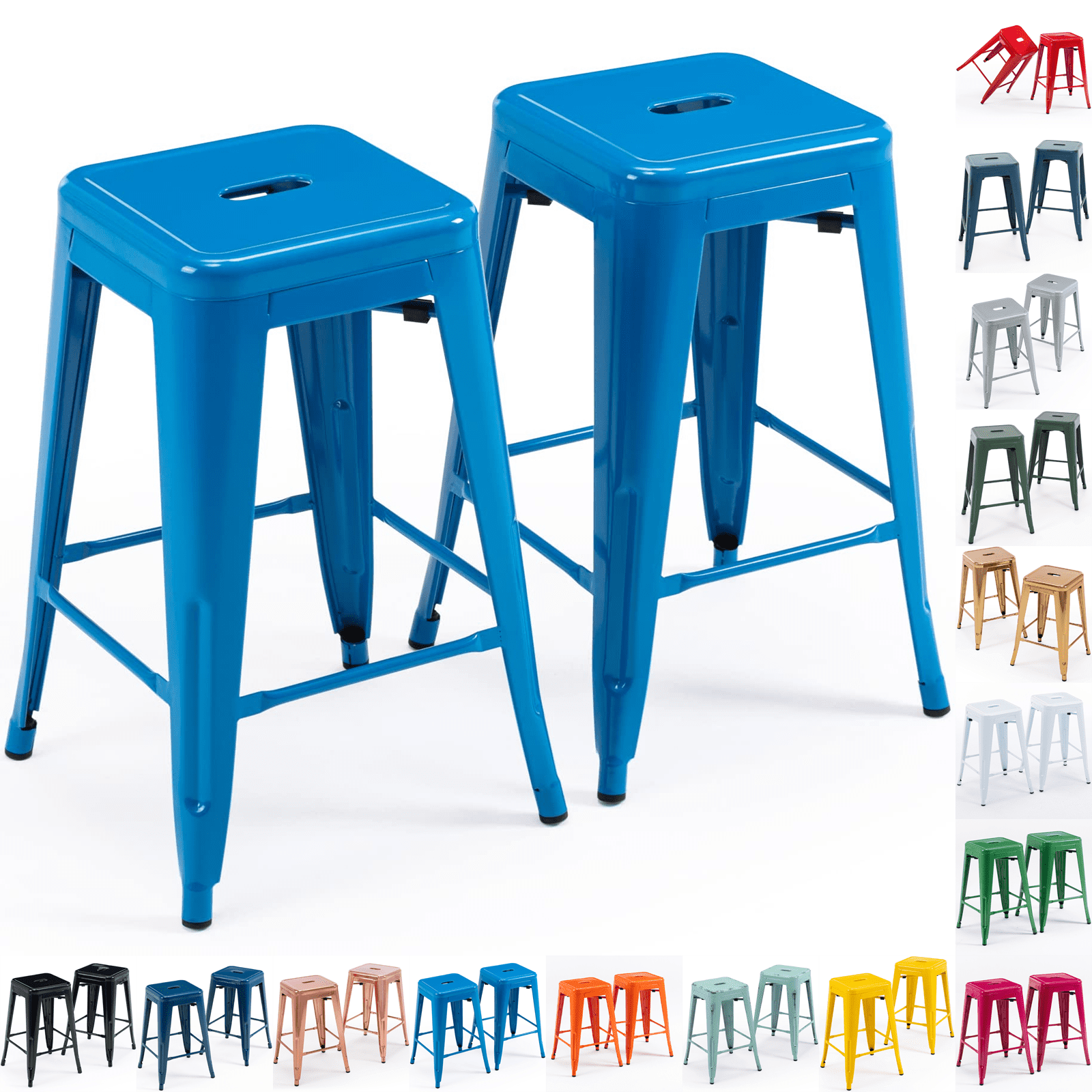 24 Inch Metal Bar Stools Set of 2, Stackable Backless Industrial Stools ...