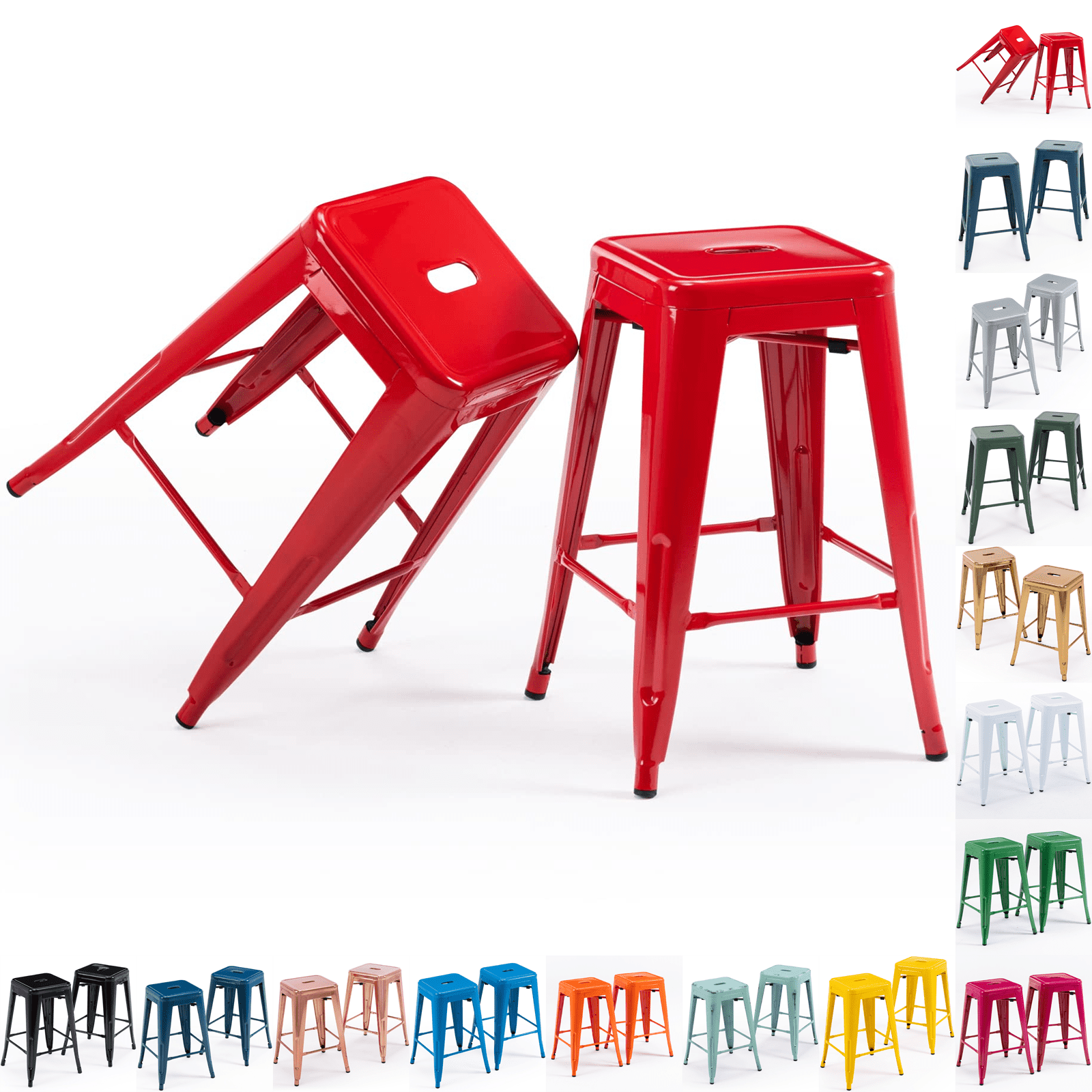 24 Inch Metal Bar Stools Set of 2, Stackable Backless Industrial Stools ...