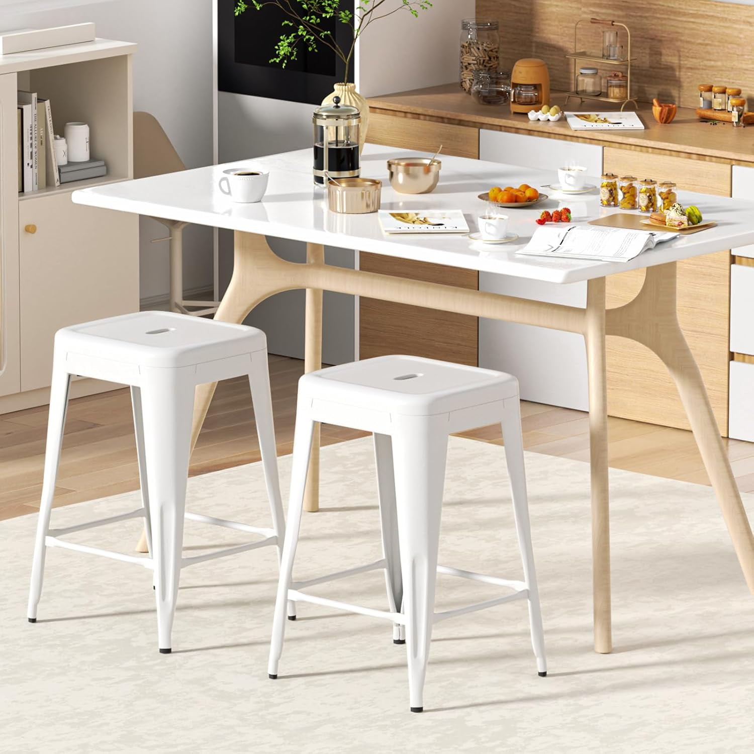 24 Inch Metal Bar Stools, Tall Dining Chairs Set of 2, Modern Stackable ...