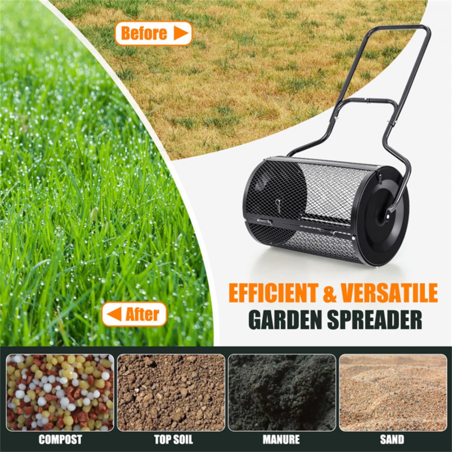 24-Inch Metal Mesh Compost Spreader 2.7 Cu.Ft Large Capacity Heavy-Duty ...