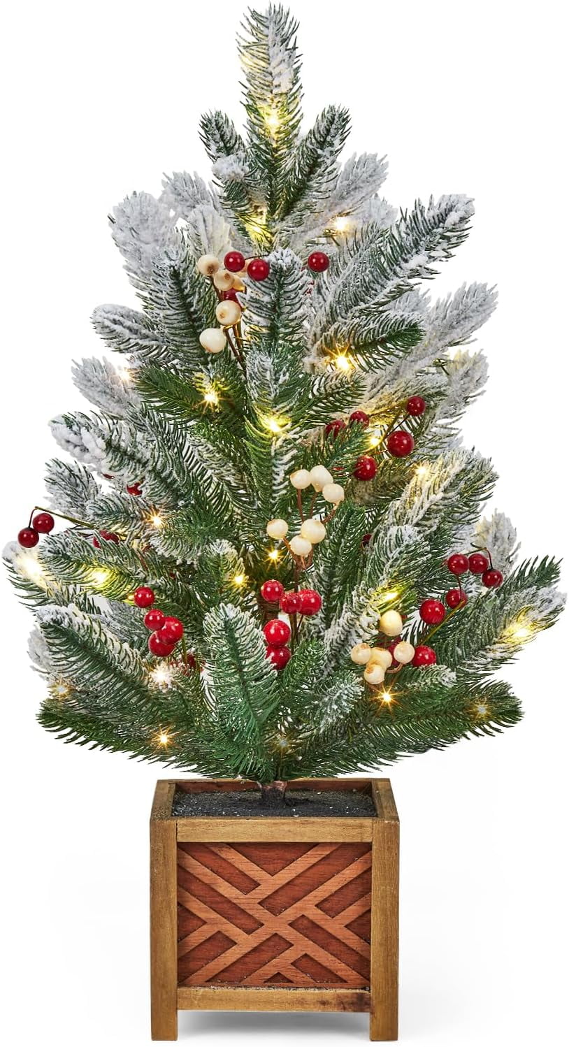 24 Inch Mini Christmas Tree with Lights, Pre-lit Small Green Frosted Artificial Tabletop ...