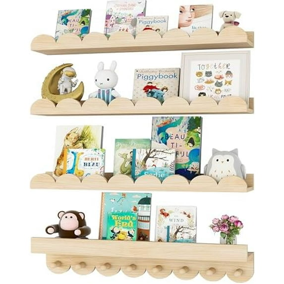 24 Inch Nursery Book Shelves with Hooks, 4-Pack Floating Shelves for ...