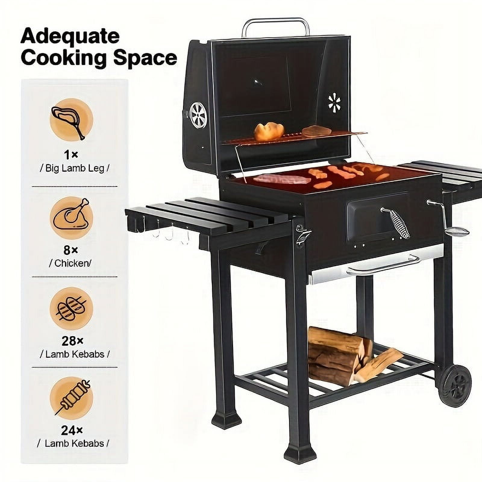 24-Inch Outdoor Charcoal Grill with Spacious Side Racks and Wheels for ...