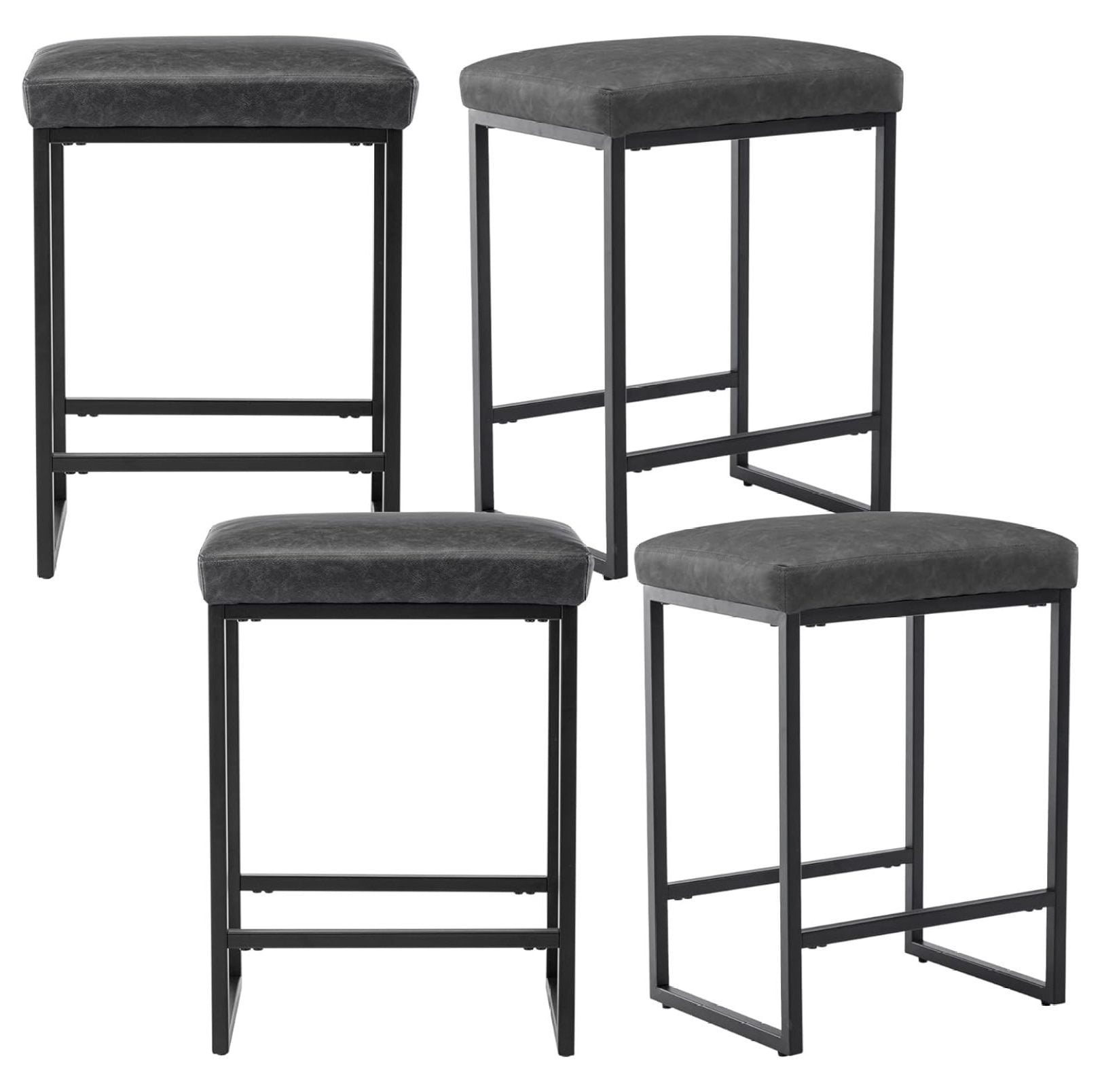 24 Inch PU Leather Bar Stool Set of 4, Upholstered Bar Chair, High ...