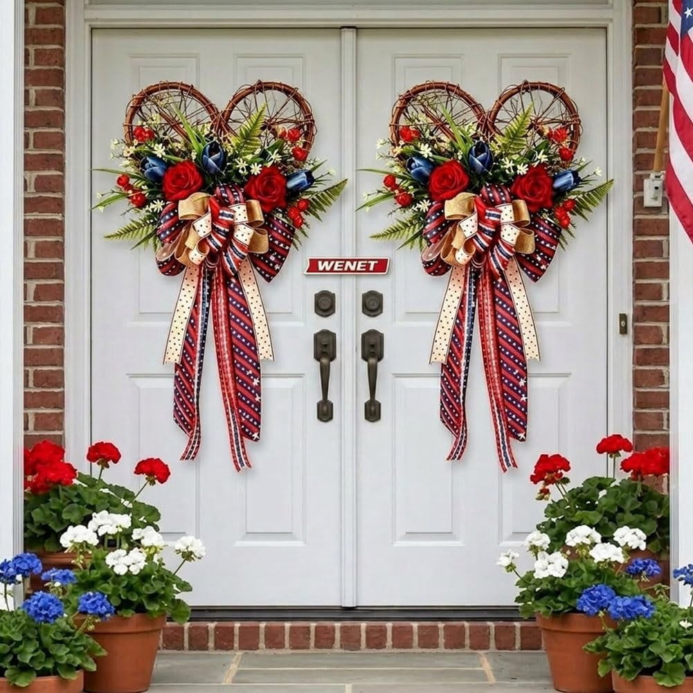 24 Inch Patriotic Heart Wreath for Front Door, Red White Blue 4th of ...