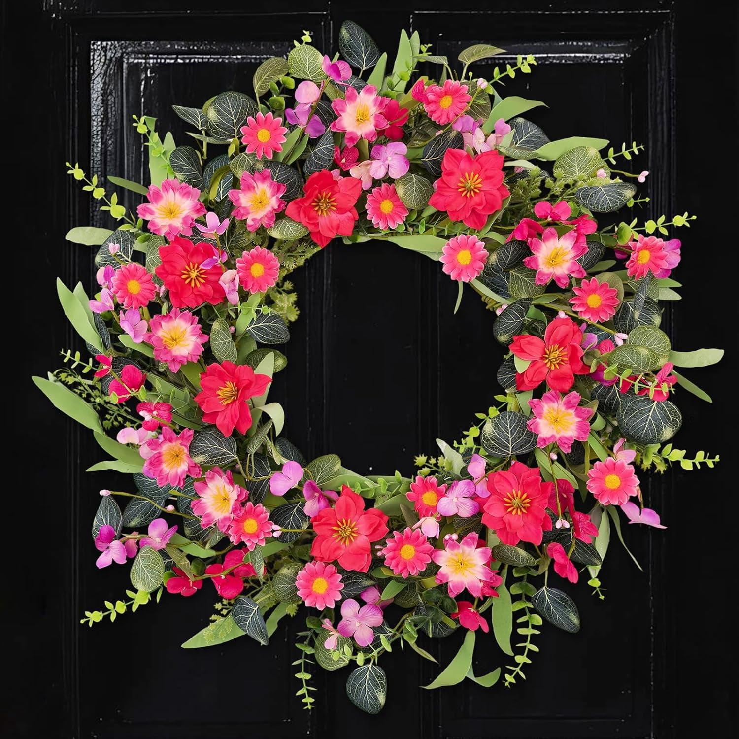 24 Inch Pink Red Floral Wreath, Artificial Fabric Flower Wreath with ...
