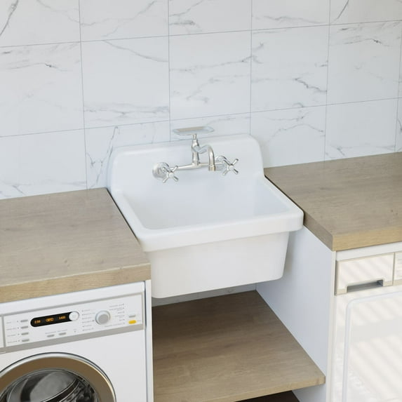24 Inch Porcelain Wall Mount Utility Sink - White - 8 Inch Faucet Holes ...