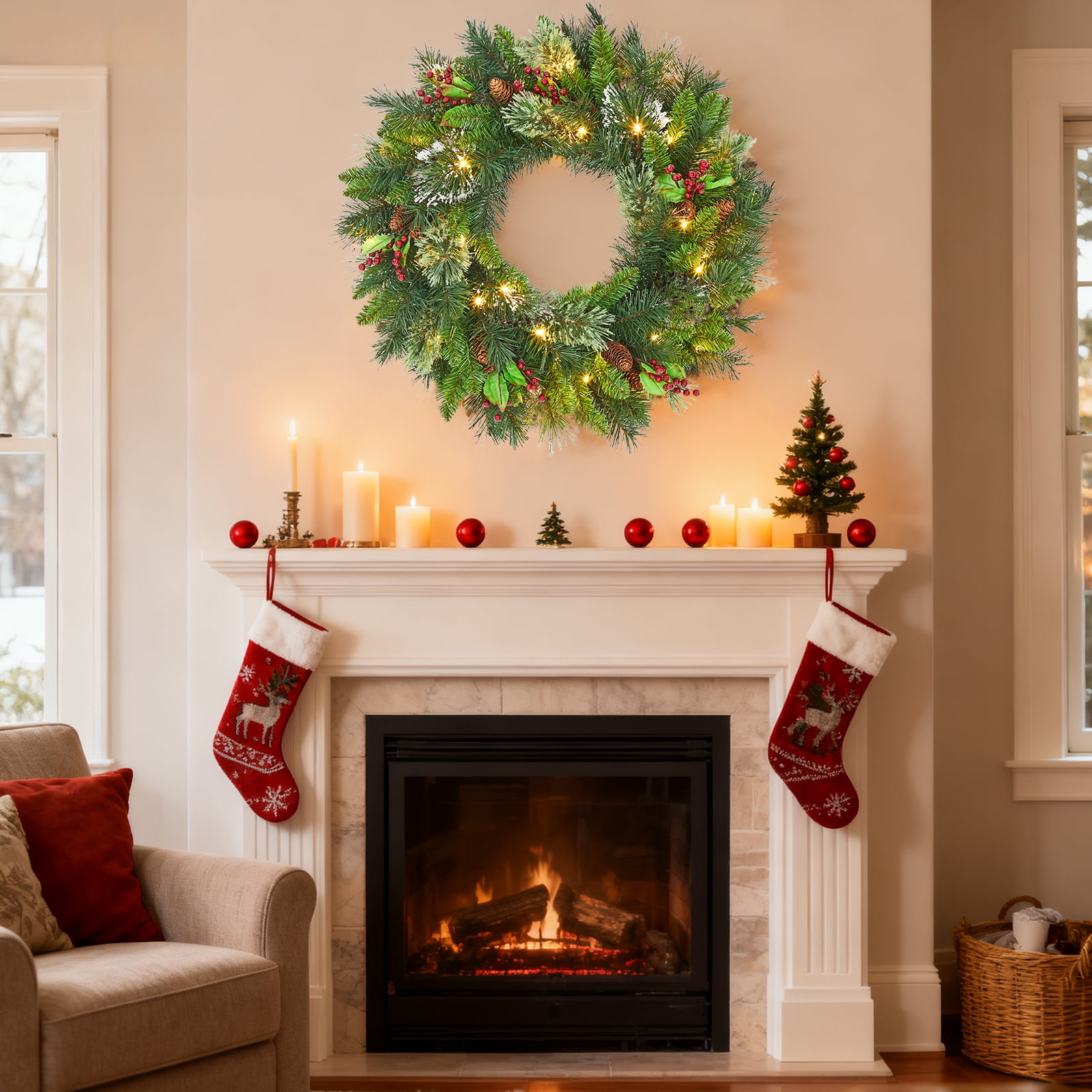 24 Inch Pre-Lit Christmas Wreath with Lights, Timer - Battery Operated ...