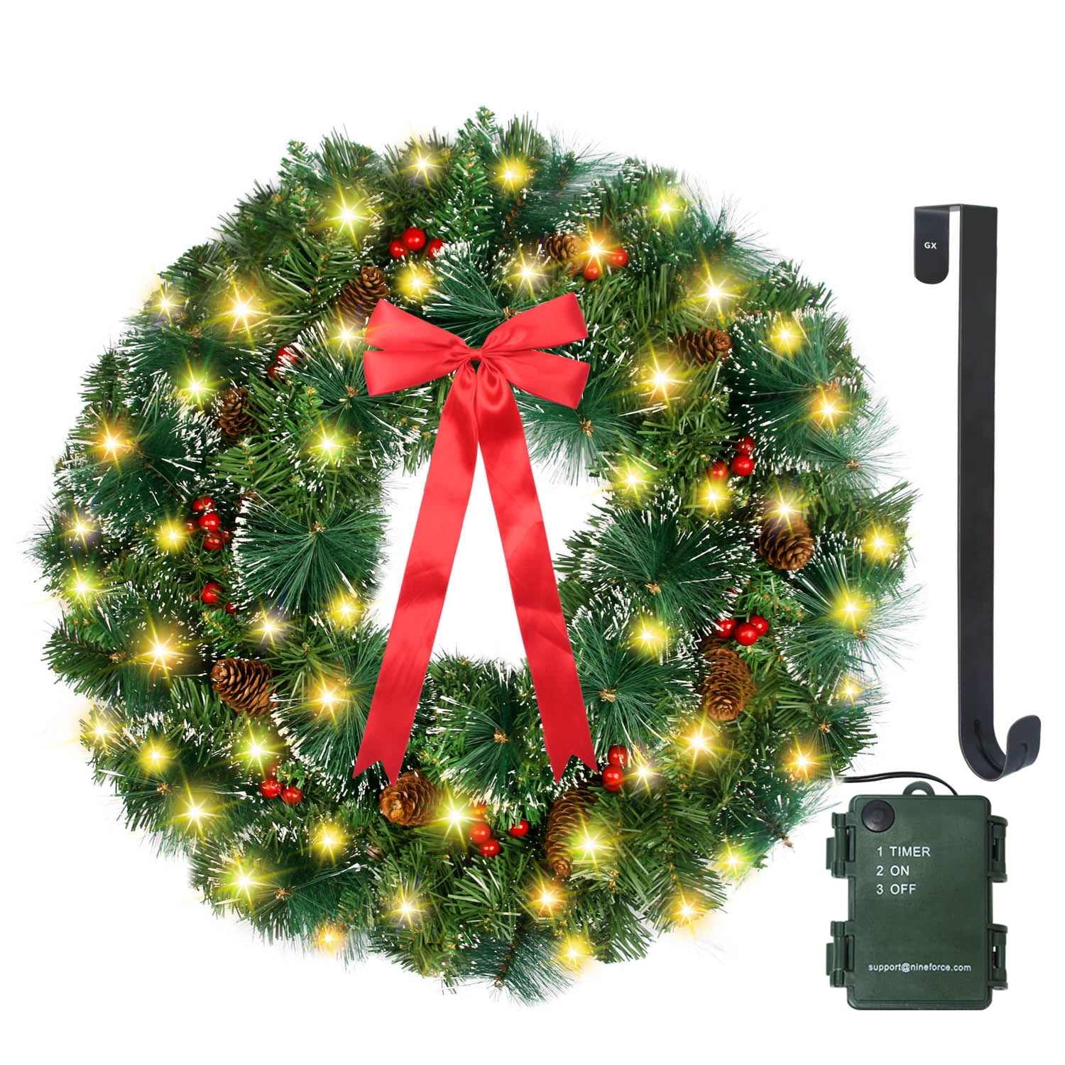 24 Inch Pre-lit Christmas Wreath with Timer for Front Door with Red ...