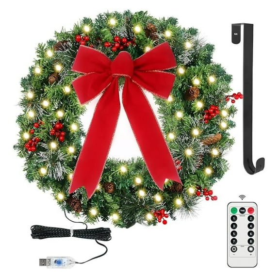 24 Inch Prelit for Front Door - Warm White Lights, Timer, Pinecones ...