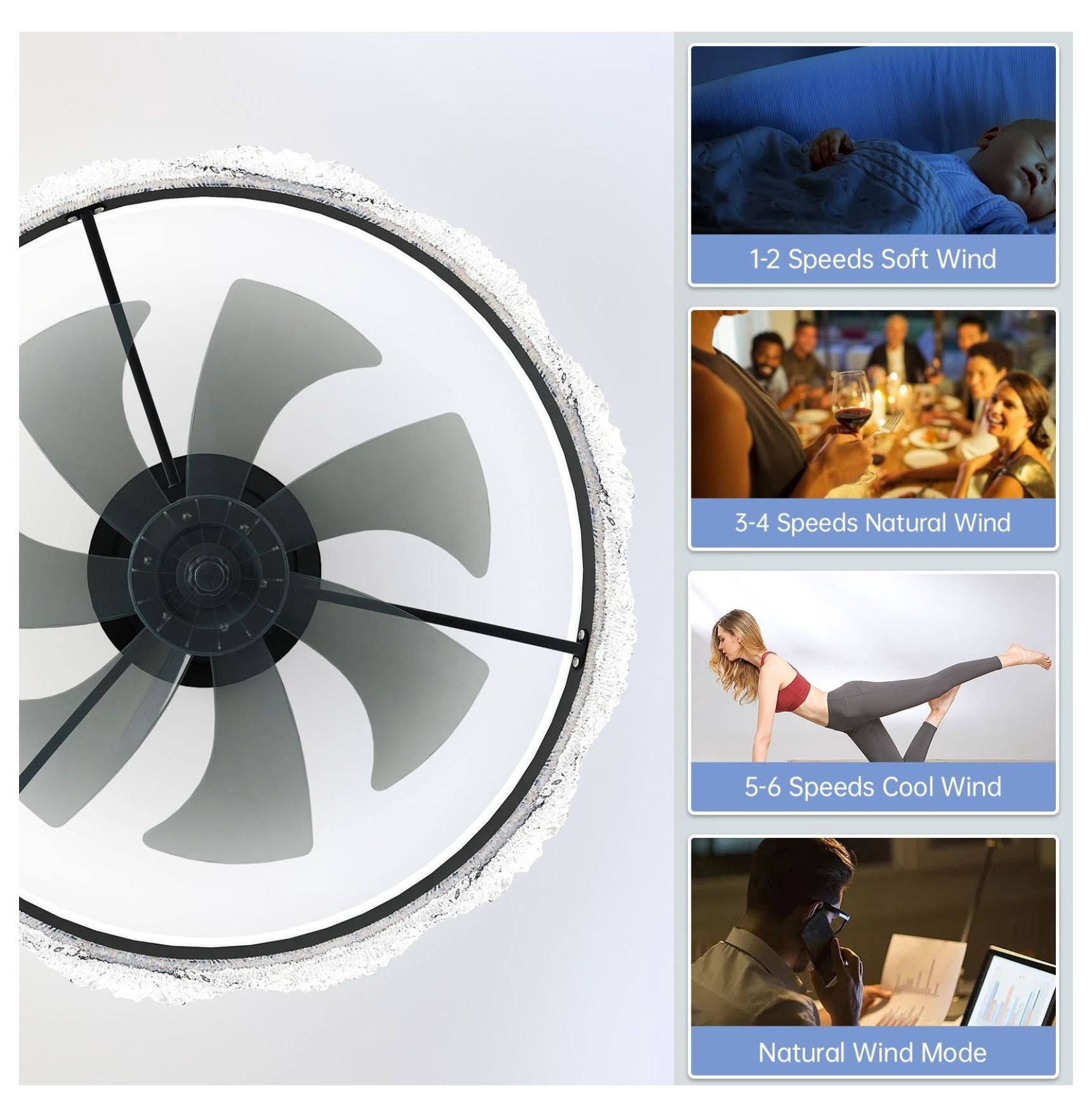 24 Inch Quiet Ceiling Fan with Light - LED Crystal Flush Mount Fan ...
