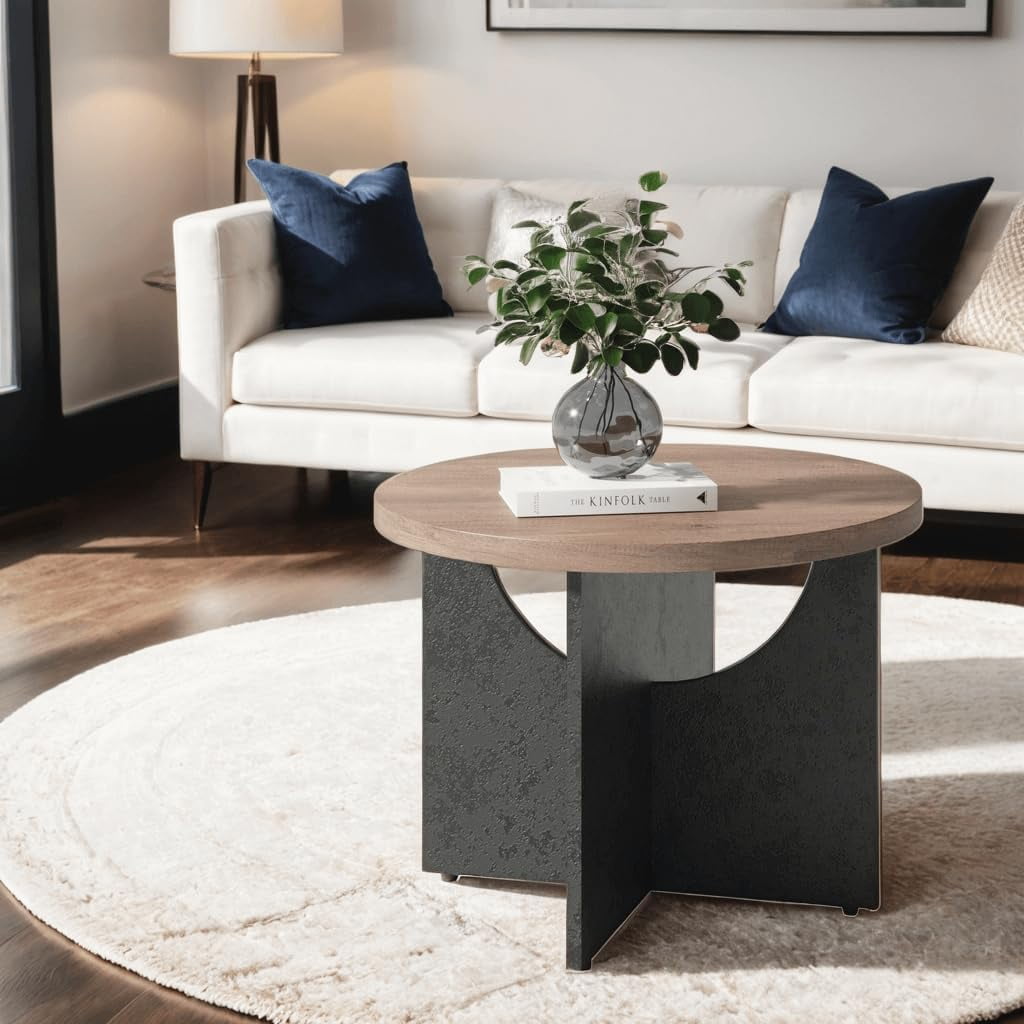 24 Inch Round Coffee Table, Rustic Brown Circle Coffee Table, Retro ...