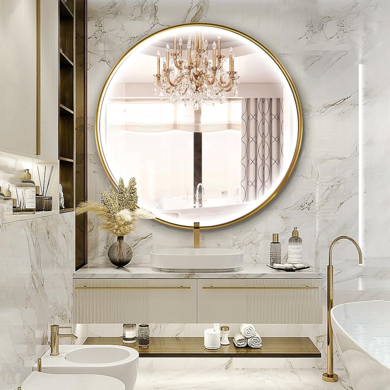 24 Inch Round LED Bathroom Mirror, Circle Frame Recessed Light Strip ...