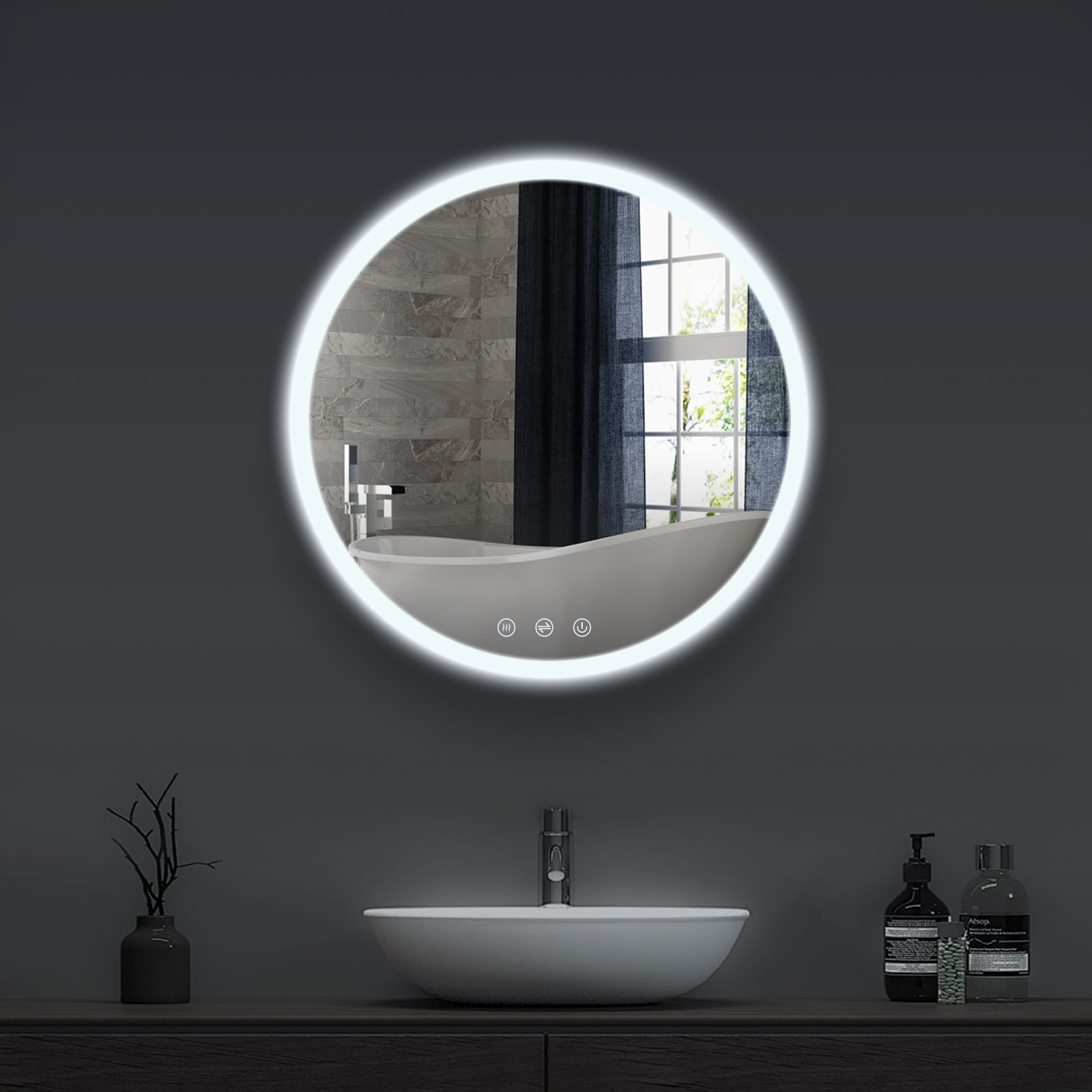 24 Inch Round LED Bathroom Mirror, Front and Backlight Wall Vanity ...