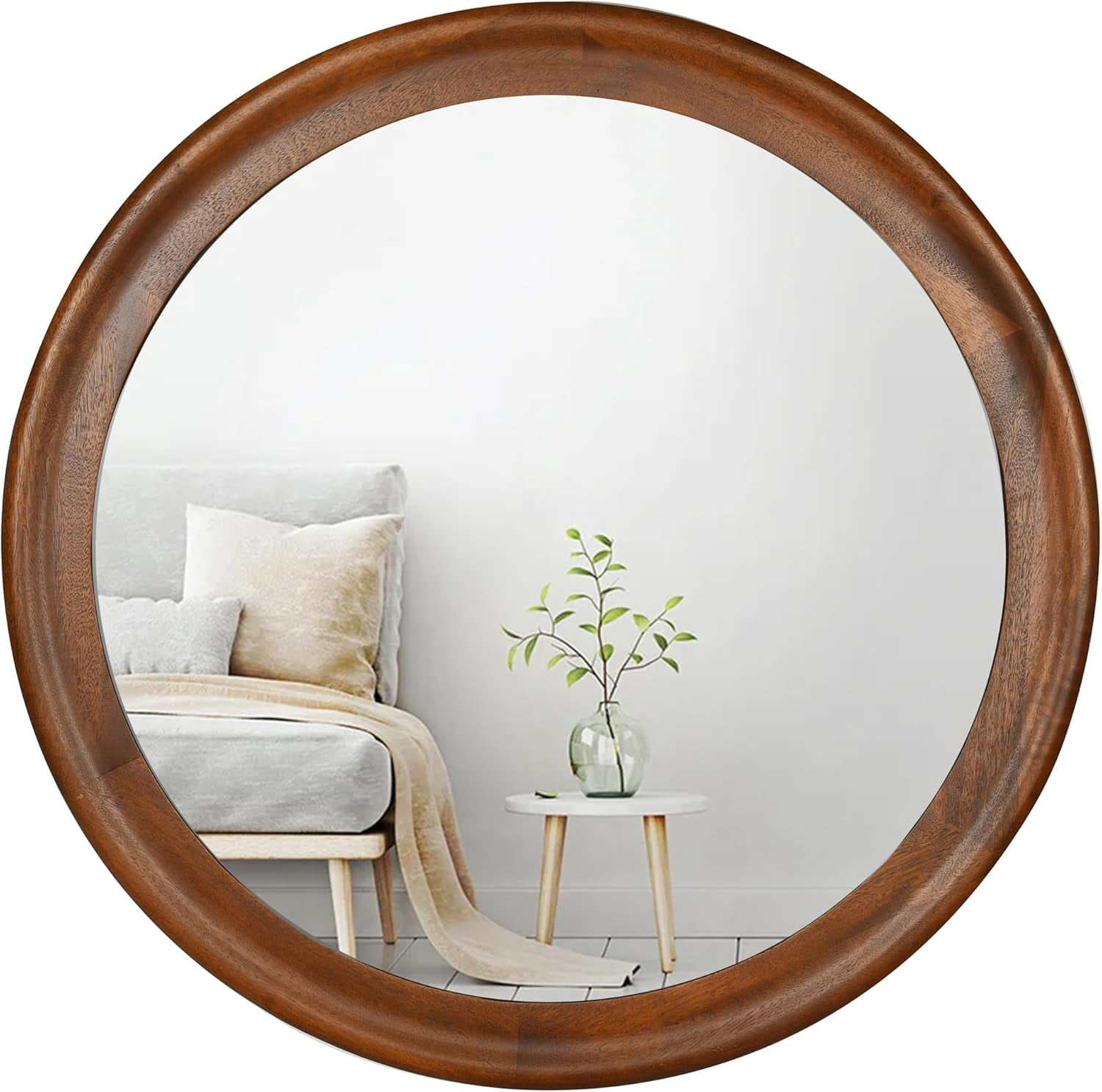 24 Inch Round Wall Mirrors, Wood Rustic Decorative Transitional Mirror ...