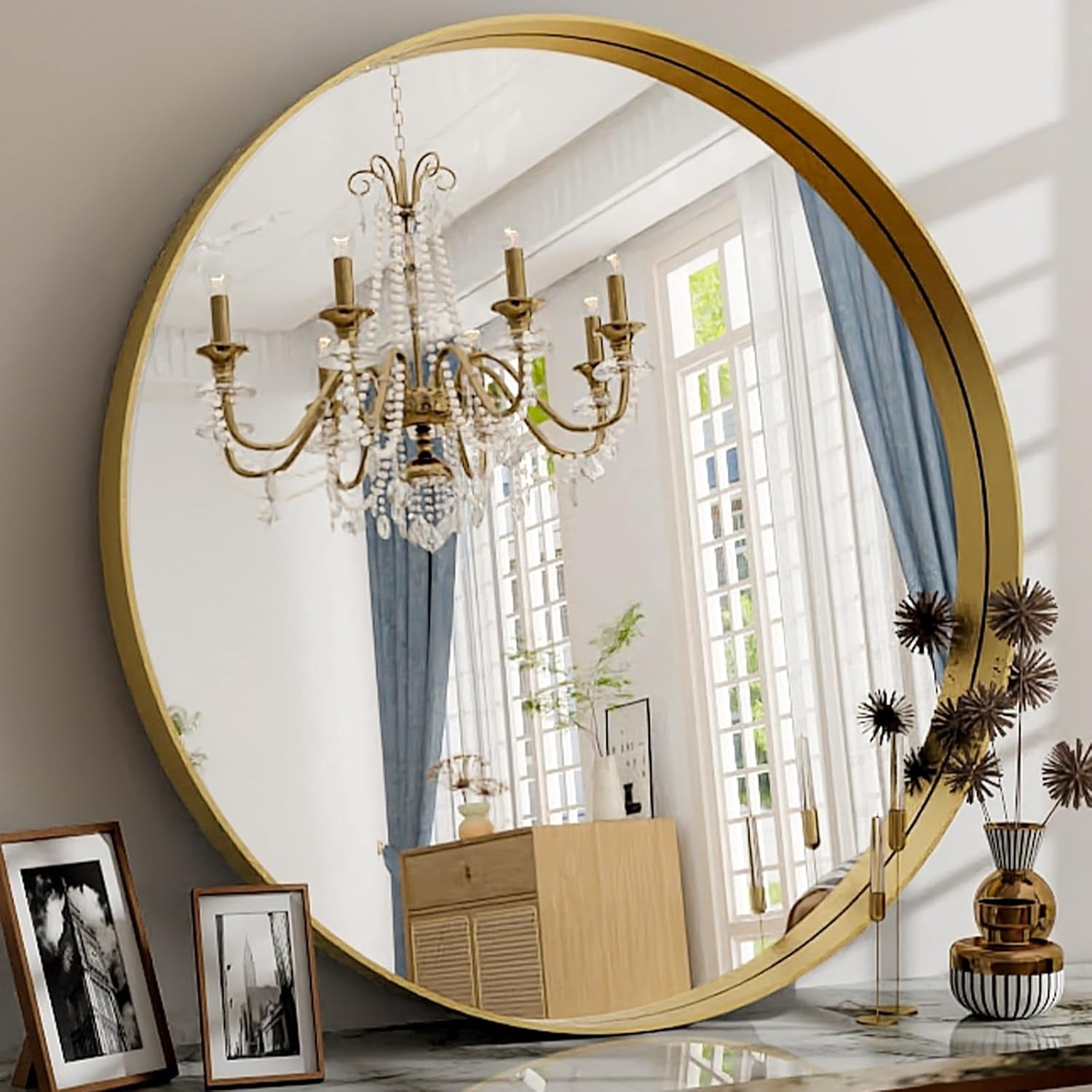 24 Inch Round Wall Mounted Bathroom Mirror with Metal Frame in Gold ...