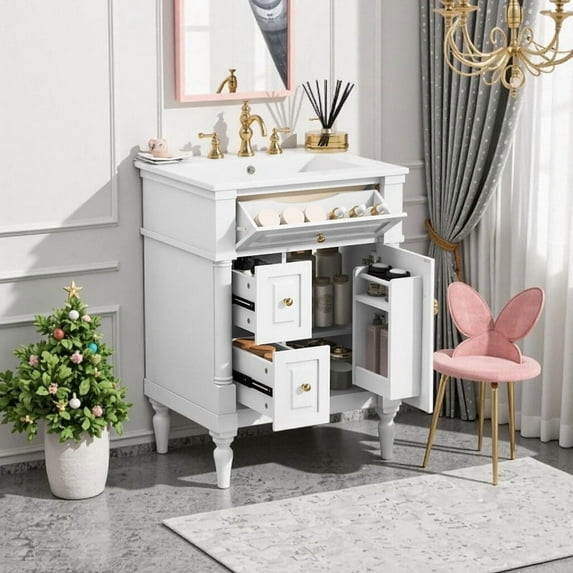 24 Inch Solid Wood & MDF Bathroom Vanity with Ceramic Sink, Flip Drawer ...