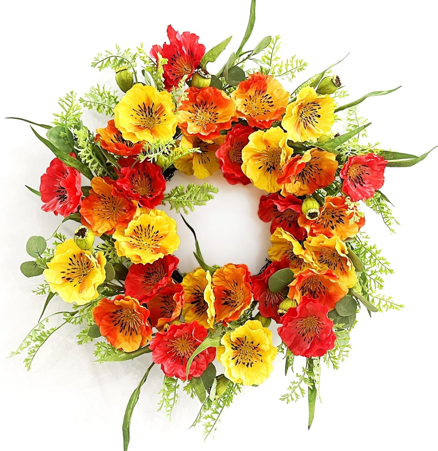 24 Inch Spring Wreaths for Front Door with Poppy Flowers and Green ...