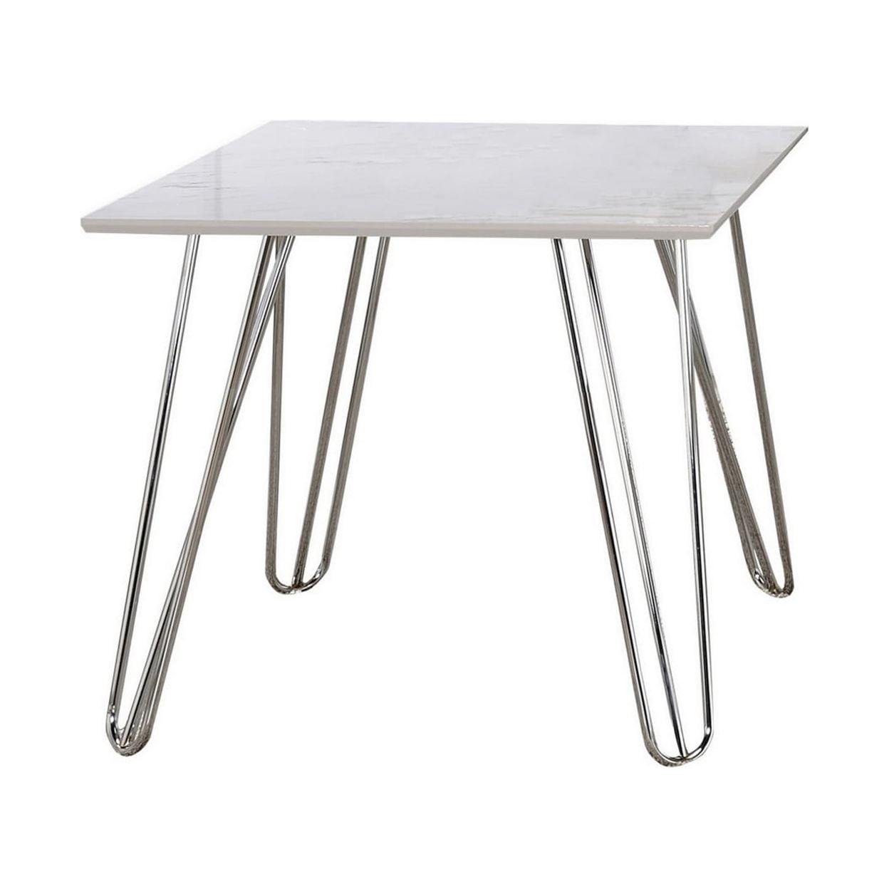24 Inch Square End Table, White Faux Marble Tabletop, Chrome Hairpin ...