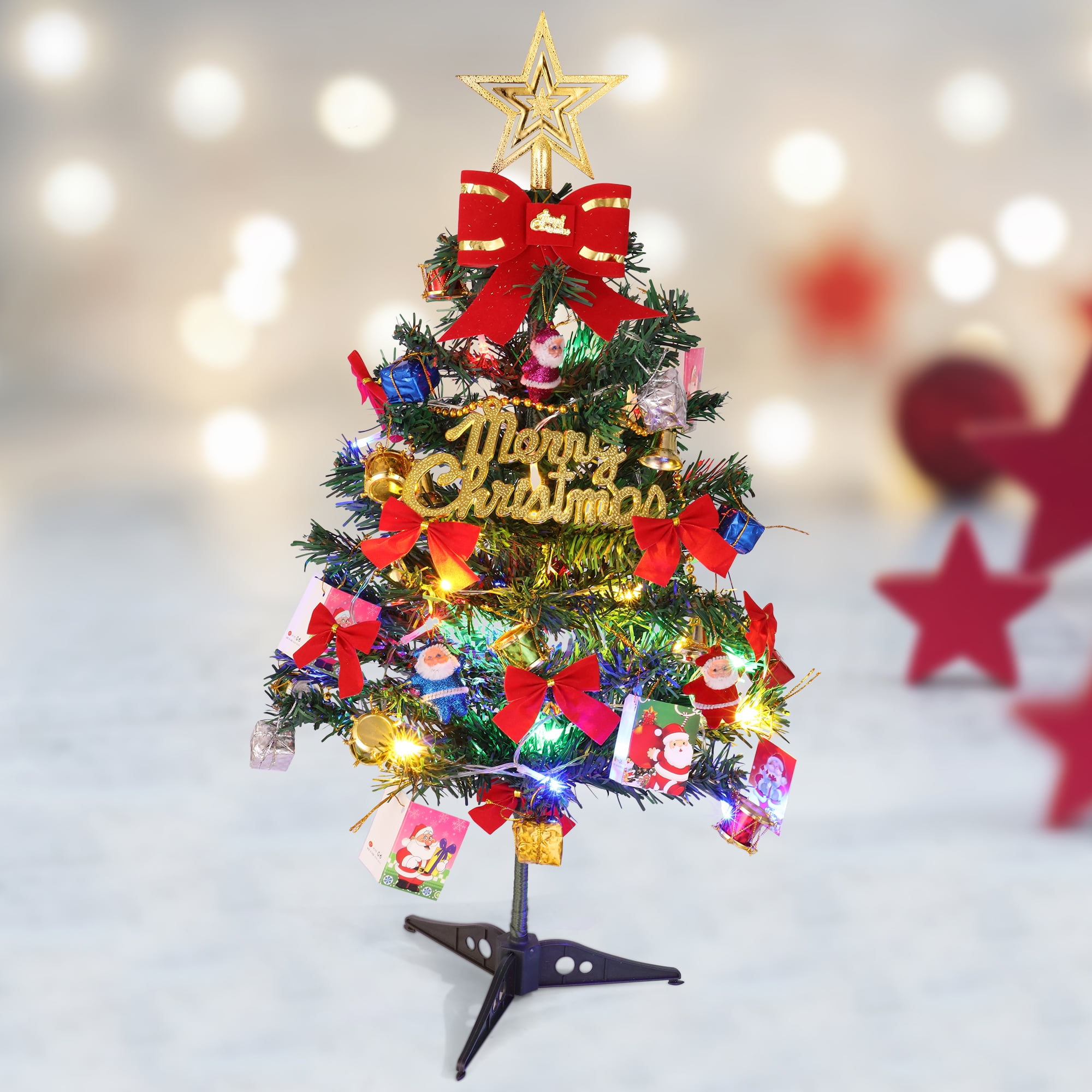 24 Inch Tabletop Christmas Tree, Mini Xmas Pine Tree with LED String ...