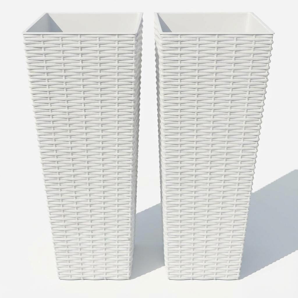 24 Inch Tall Plastic Planters Set of 2,Large Rattan Tall Planter with 4 ...