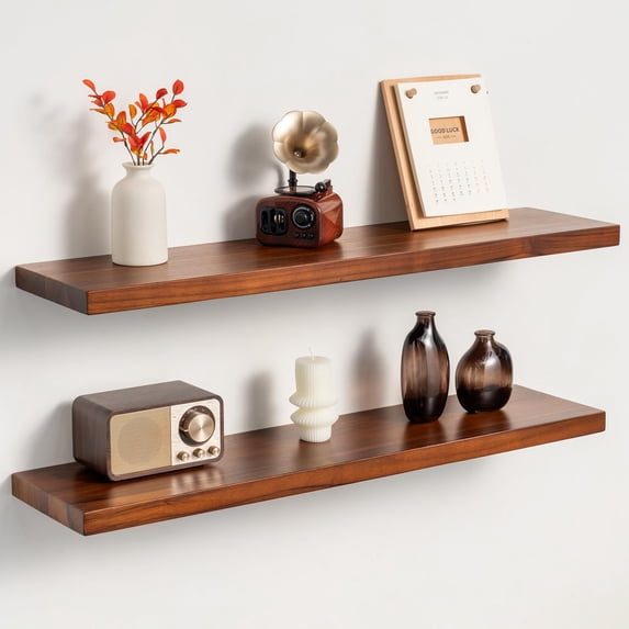 24 Inch Teak Floating Shelves Set of 2 - Solid Natural Wood Wall ...