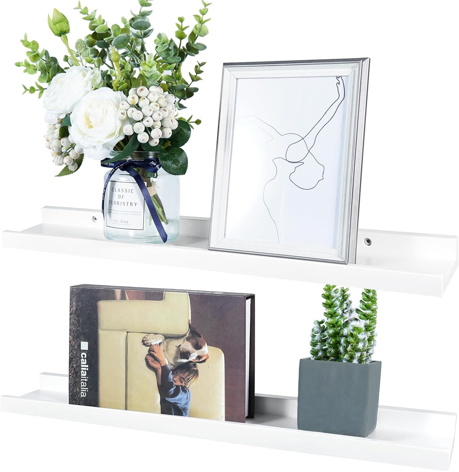 24 Inch White Floating Shelves Wall Mounted, Solid Oak Wood Shelf for ...