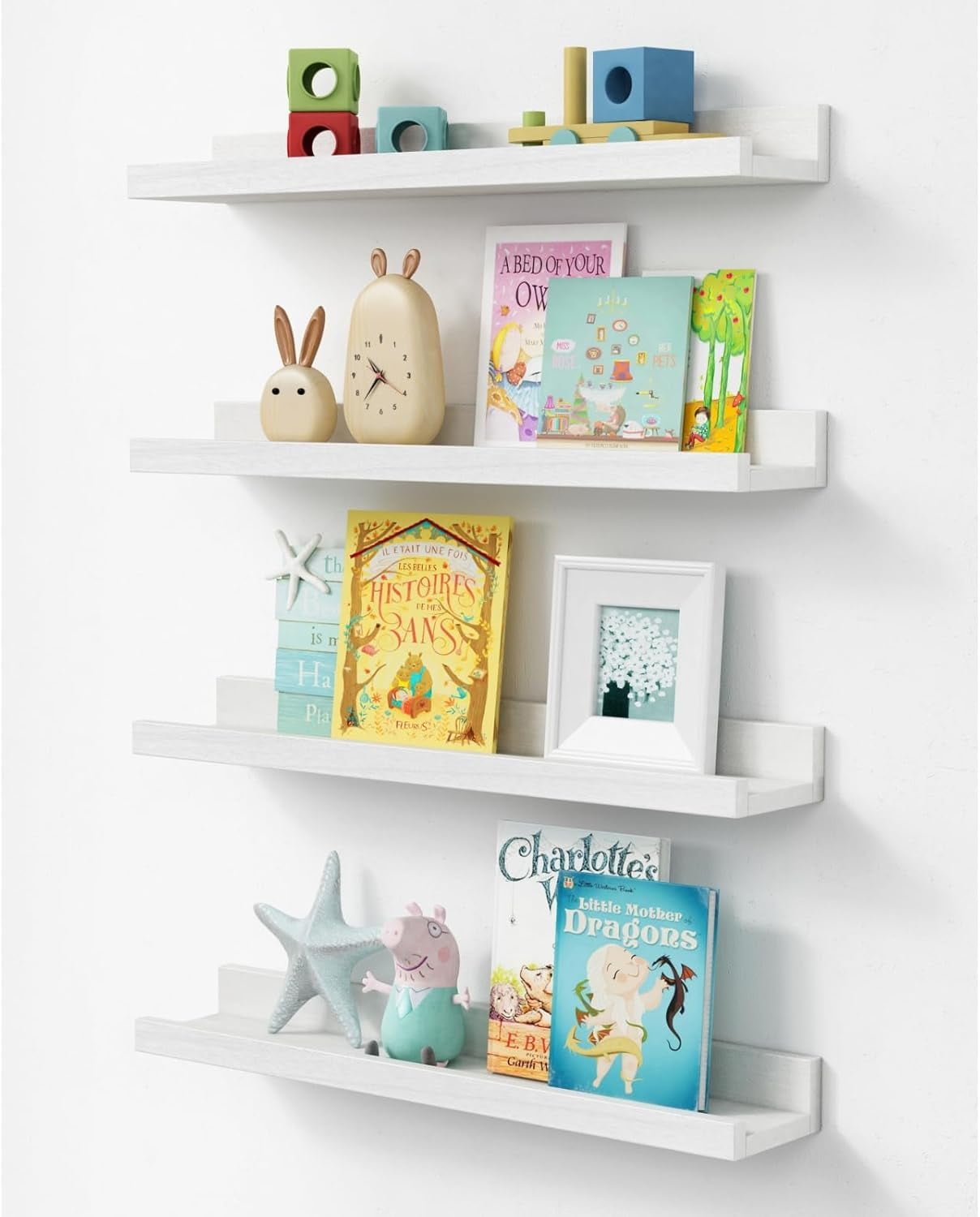 24 Inch White Floating Shelves for Wall Set of 4, Wood Nursery Book ...