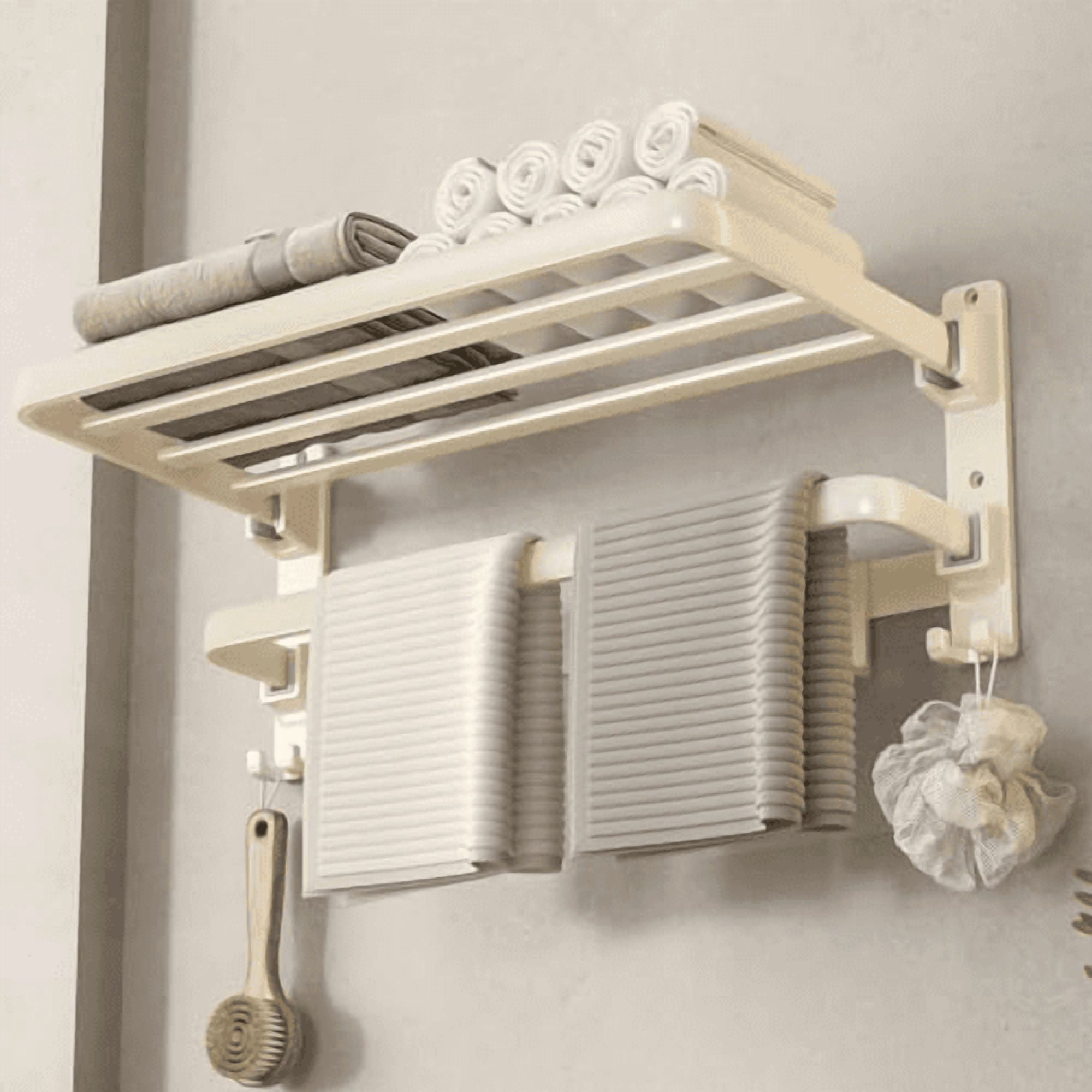 24 Inch White Foldable Towel Rack, No Drill Wall Mount Space Aluminum ...