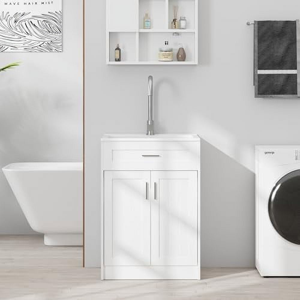 24 Inch White Laundry Sink with Cabinet, Ceramic Utility Sink with ...